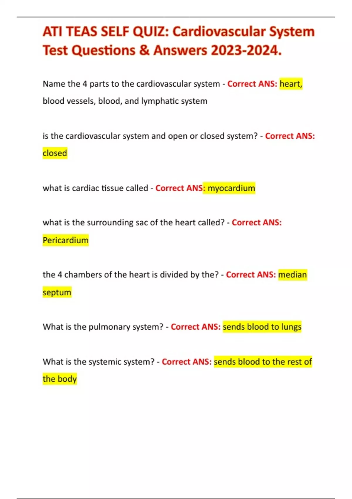 ATI TEAS SELF QUIZ: Cardiovascular System Test Questions & Answers ...