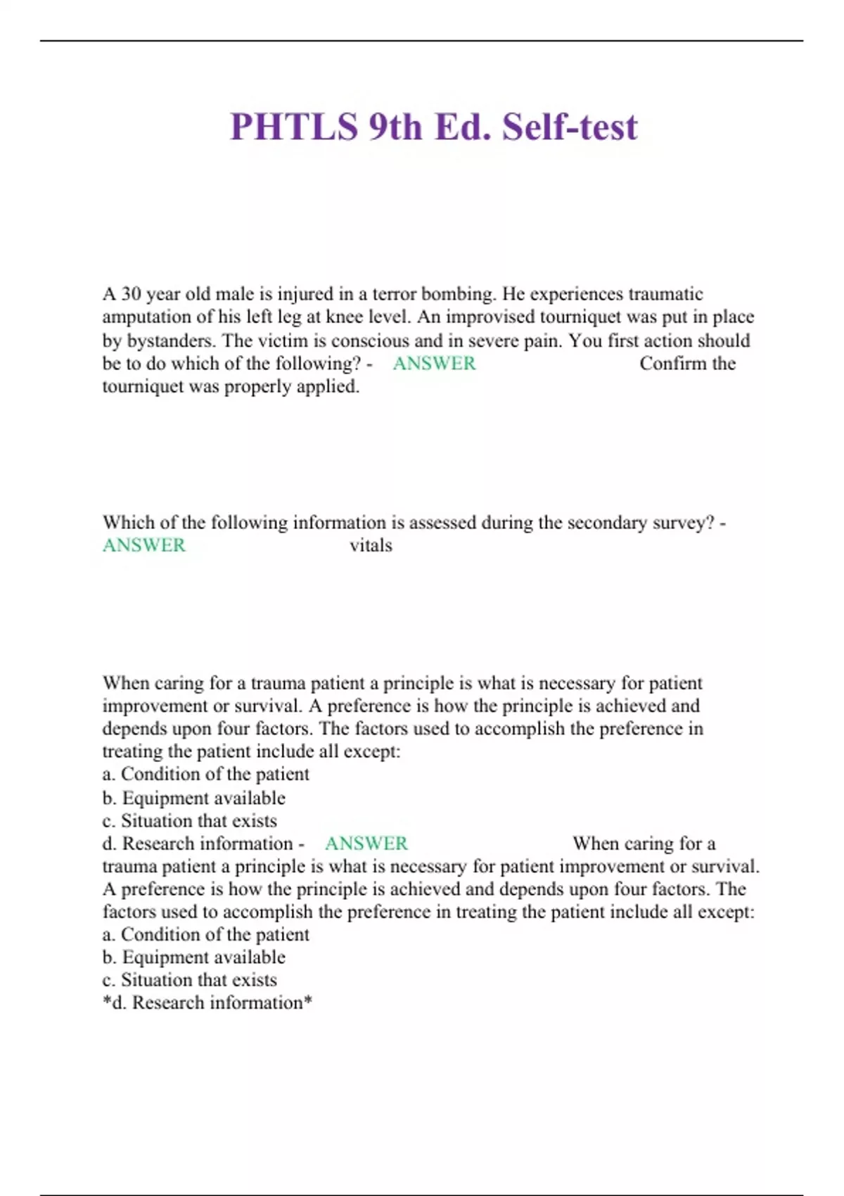 PHTLS 9th Ed. Self-test - PHTLS - Stuvia NL