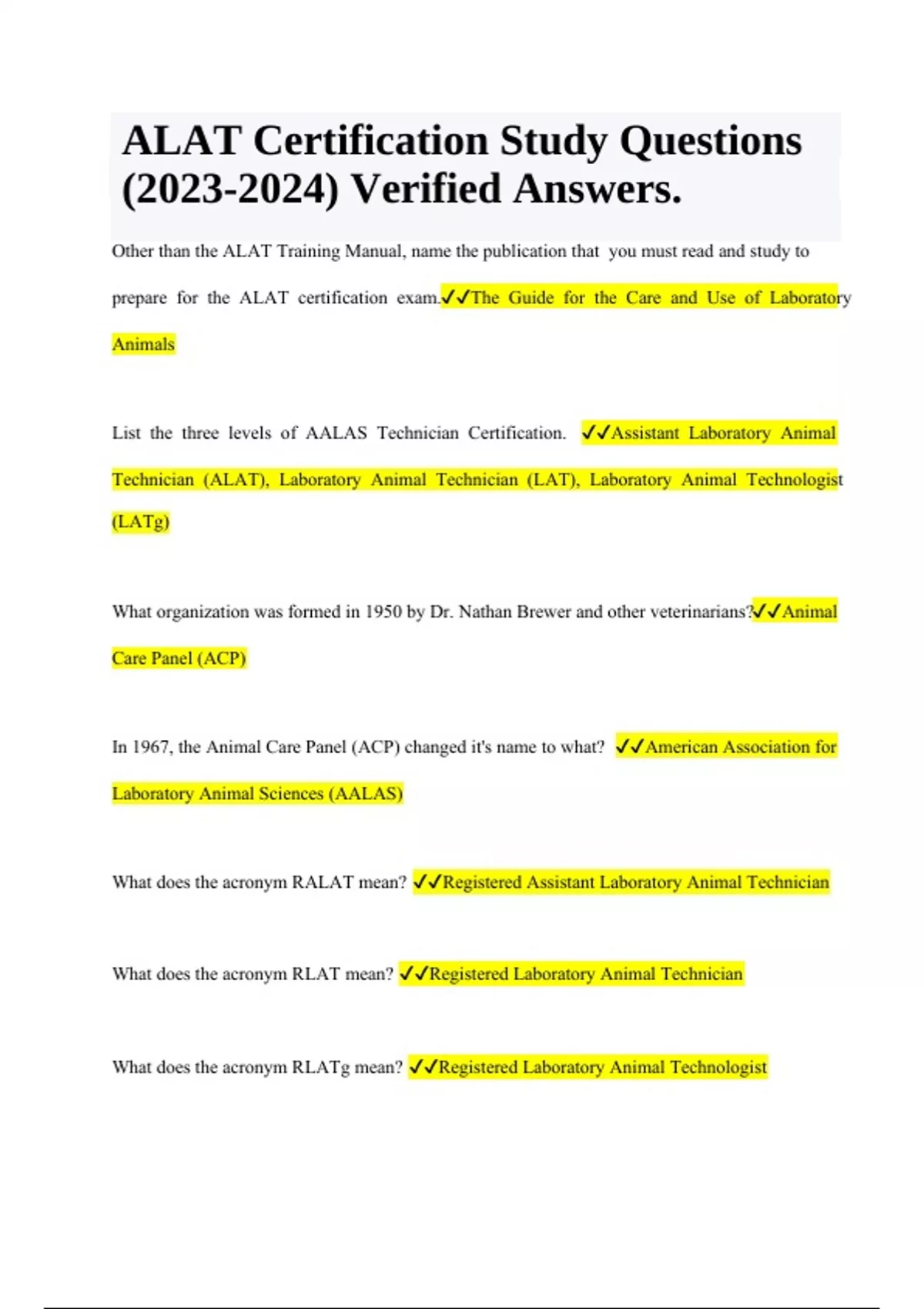 ALAT Certification Study Questions () Verified Answers. - ALAT - Stuvia US