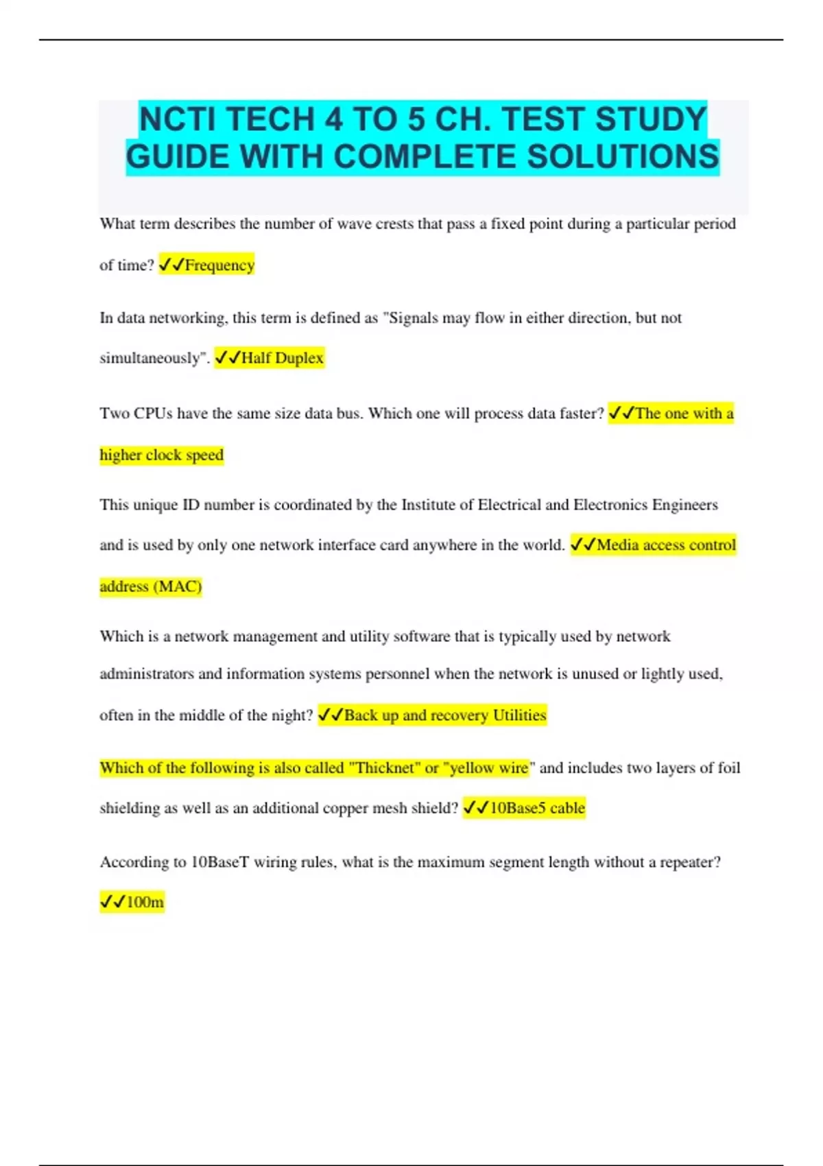 NCTI TECH 4 TO 5 CH. TEST STUDY GUIDE WITH COMPLETE SOLUTIONS - NCTI ...