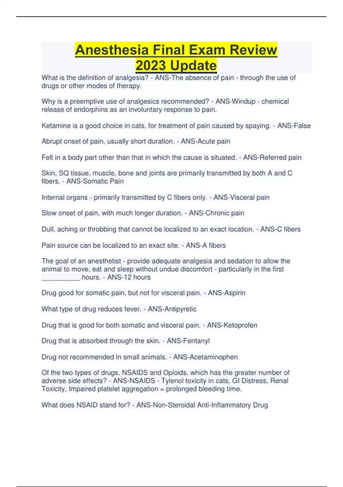Anesthesia Final Exam Review 2023 Update - Anesthesia - Stuvia US