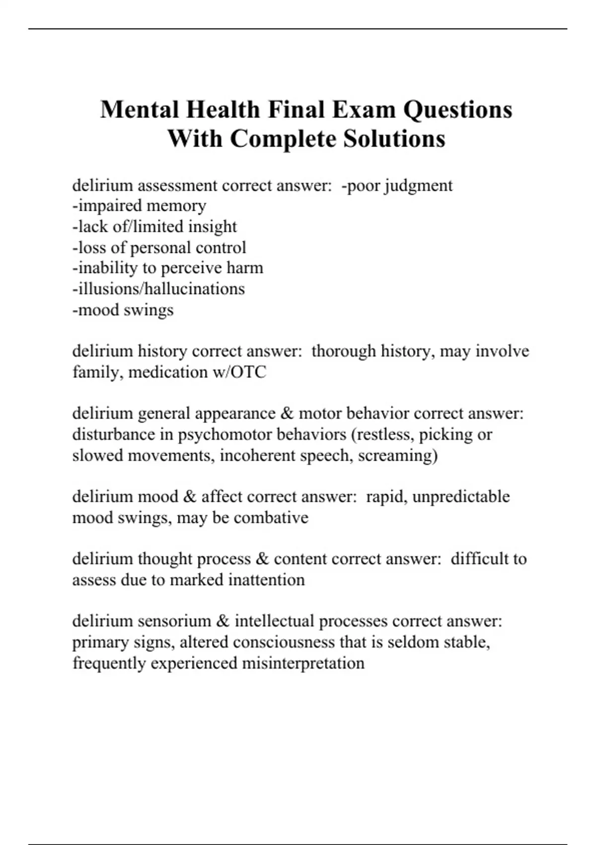 Mental Health Final Exam Questions With Complete Solutions - Mental ...
