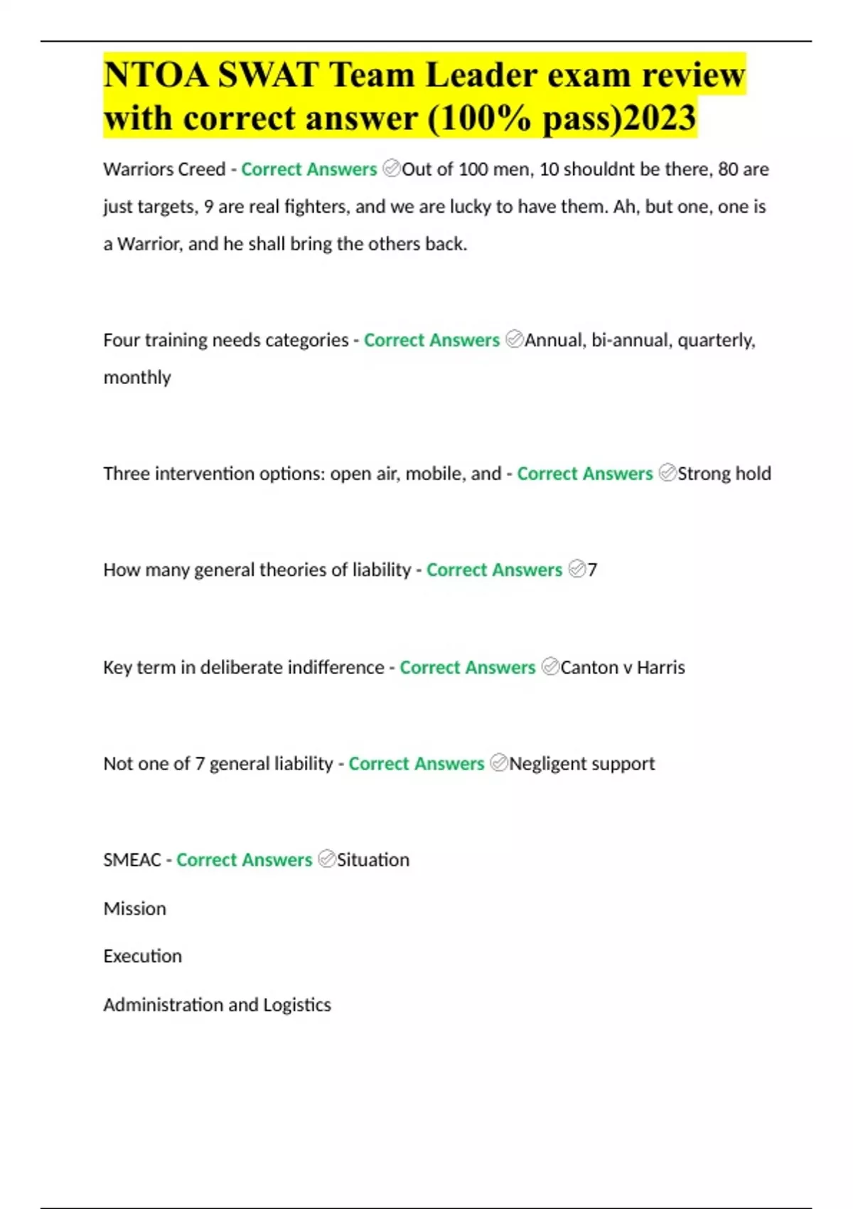 NTOA SWAT Team Leader exam review with correct answer (100% pass)2023 ...