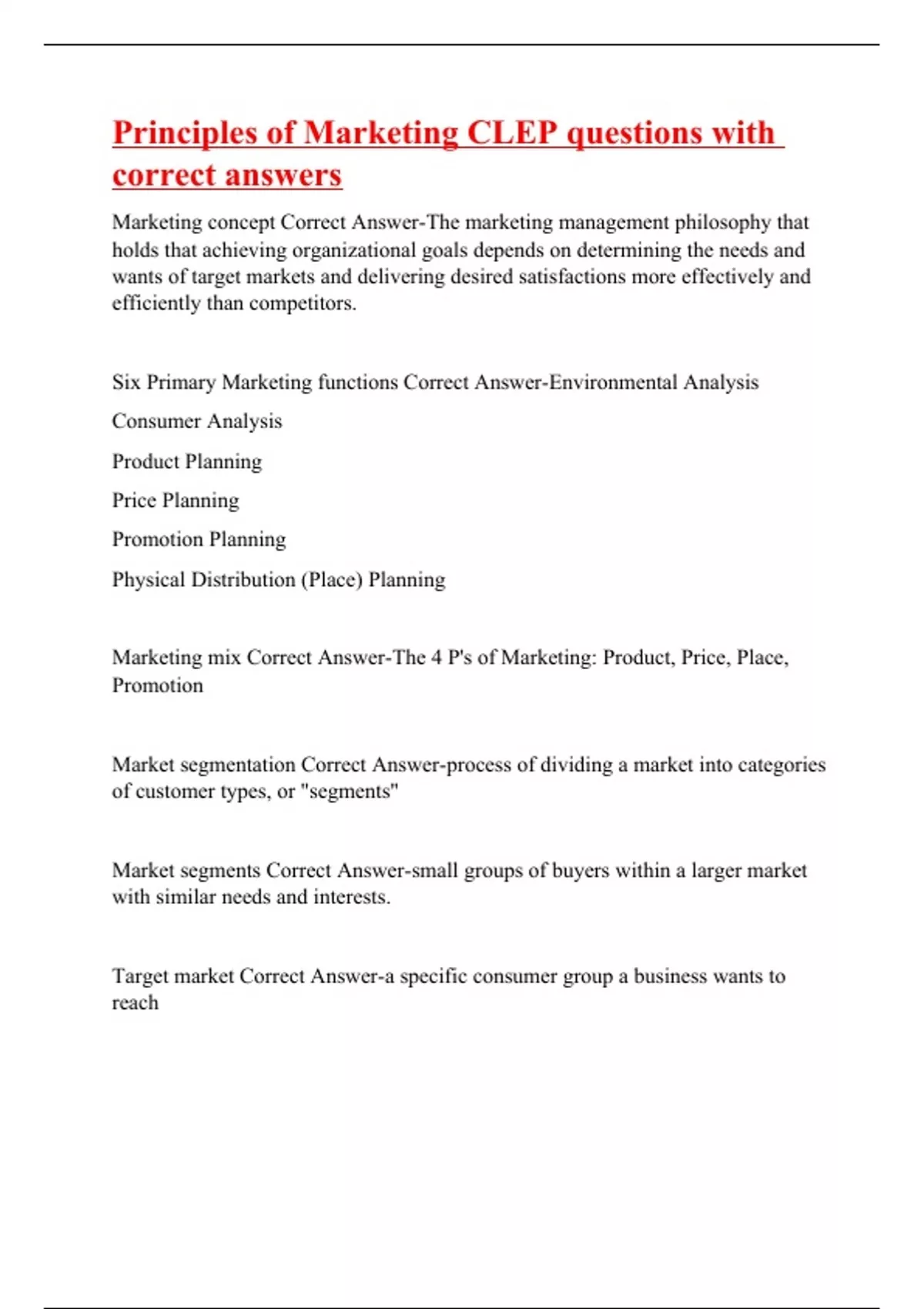 Principles of Marketing CLEP questions with correct answers - Clep ...