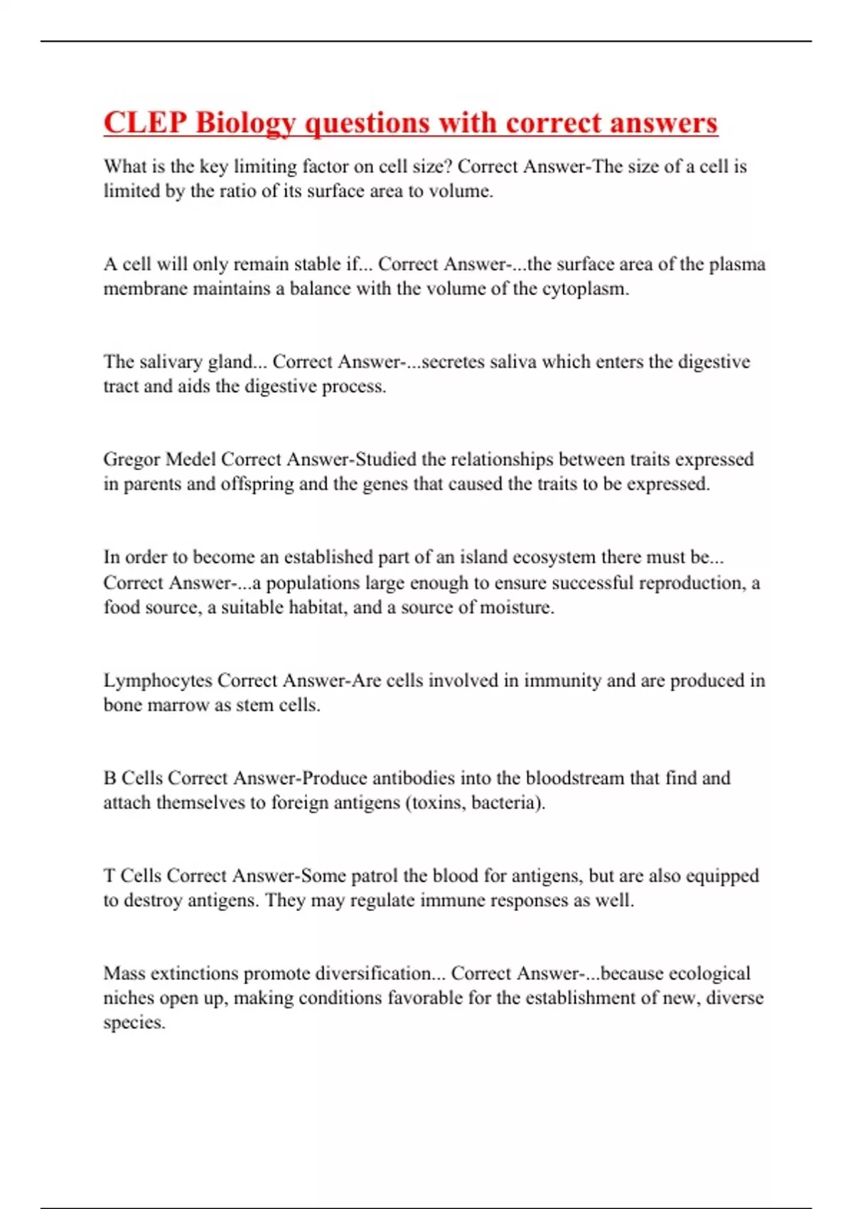 CLEP Biology questions with correct answers - CLEP Biology - Stuvia US