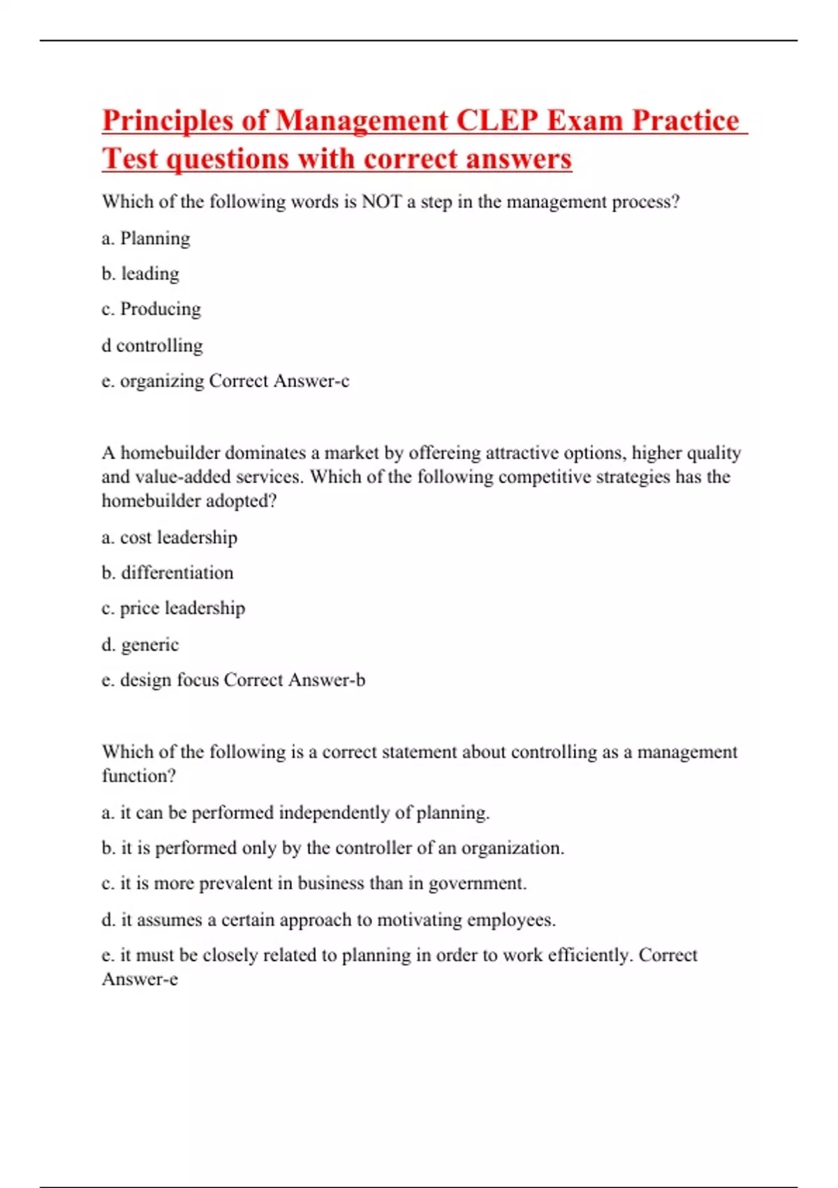 Principles of Management CLEP Exam Practice Test questions with correct ...