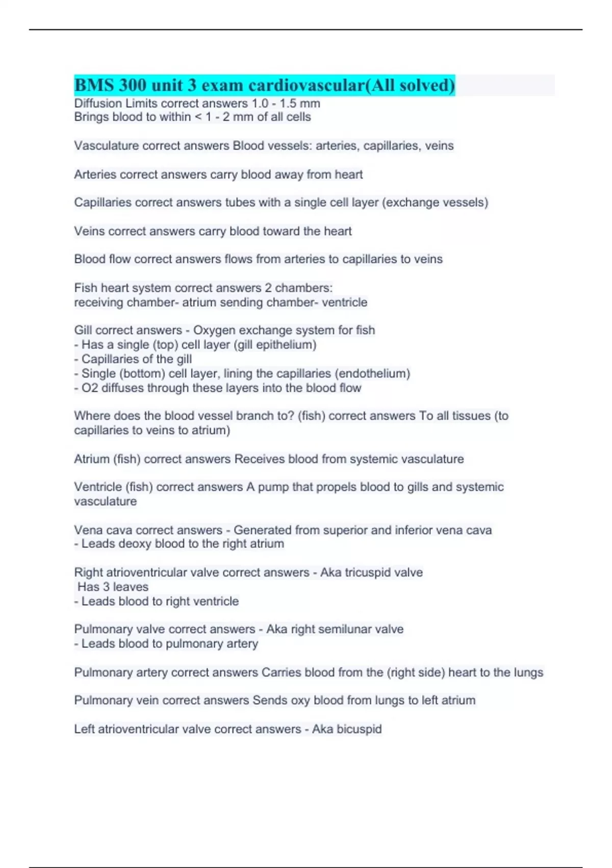 BMS 300 unit 3 exam cardiovascular(All solved) - BMS 300 - Stuvia US