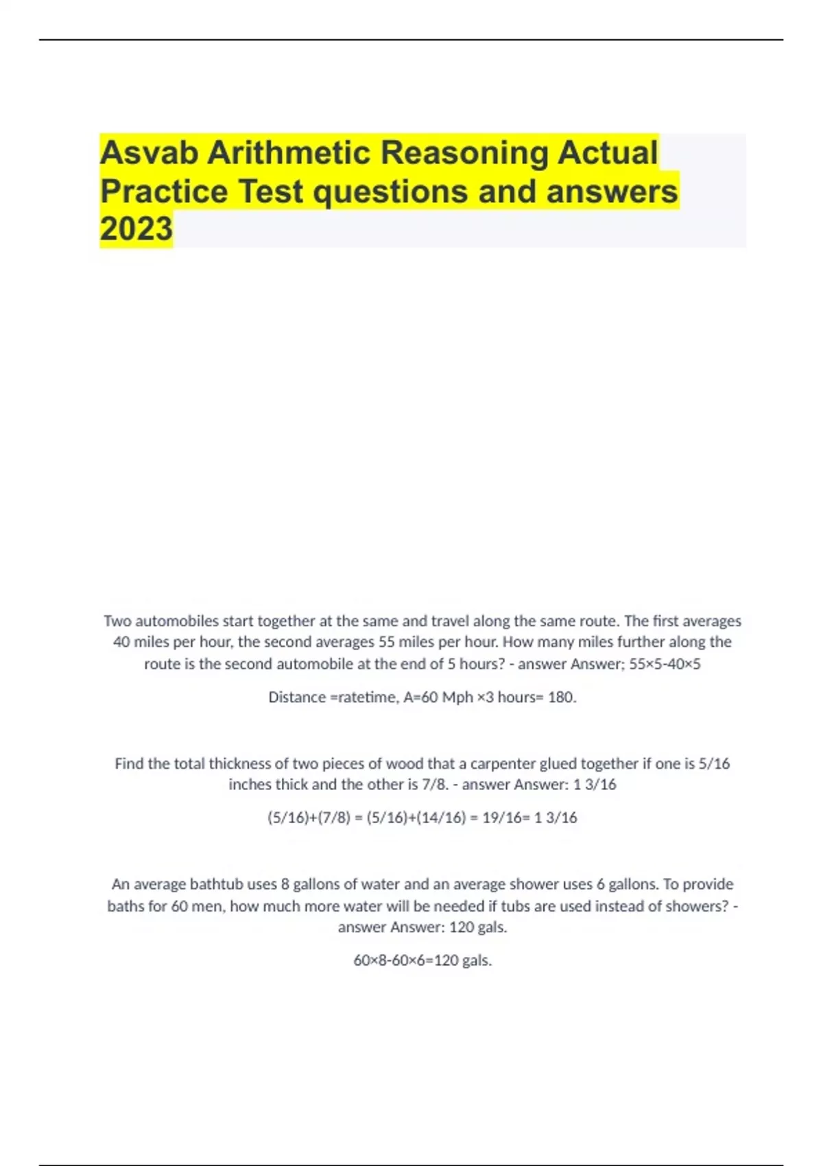 Asvab Arithmetic Reasoning Actual Practice Test questions and answers ...