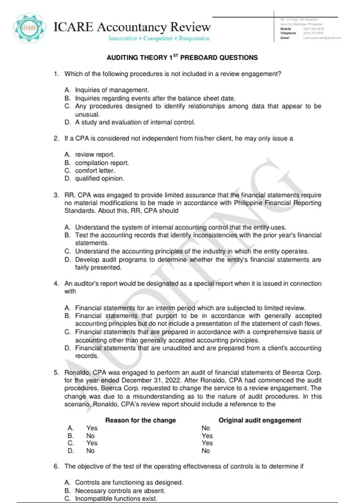 TEST BANK FOR AUDIT THEORY - CPA - Stuvia US