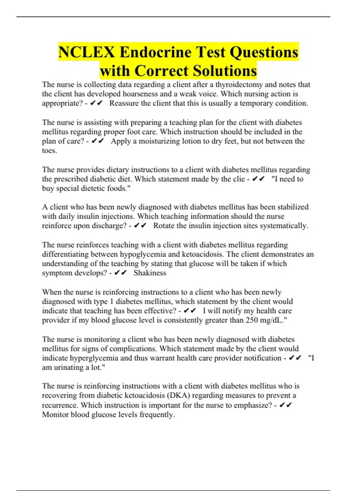 NCLEX Endocrine Test Questions with Correct Solutions - NCLEX - Stuvia US