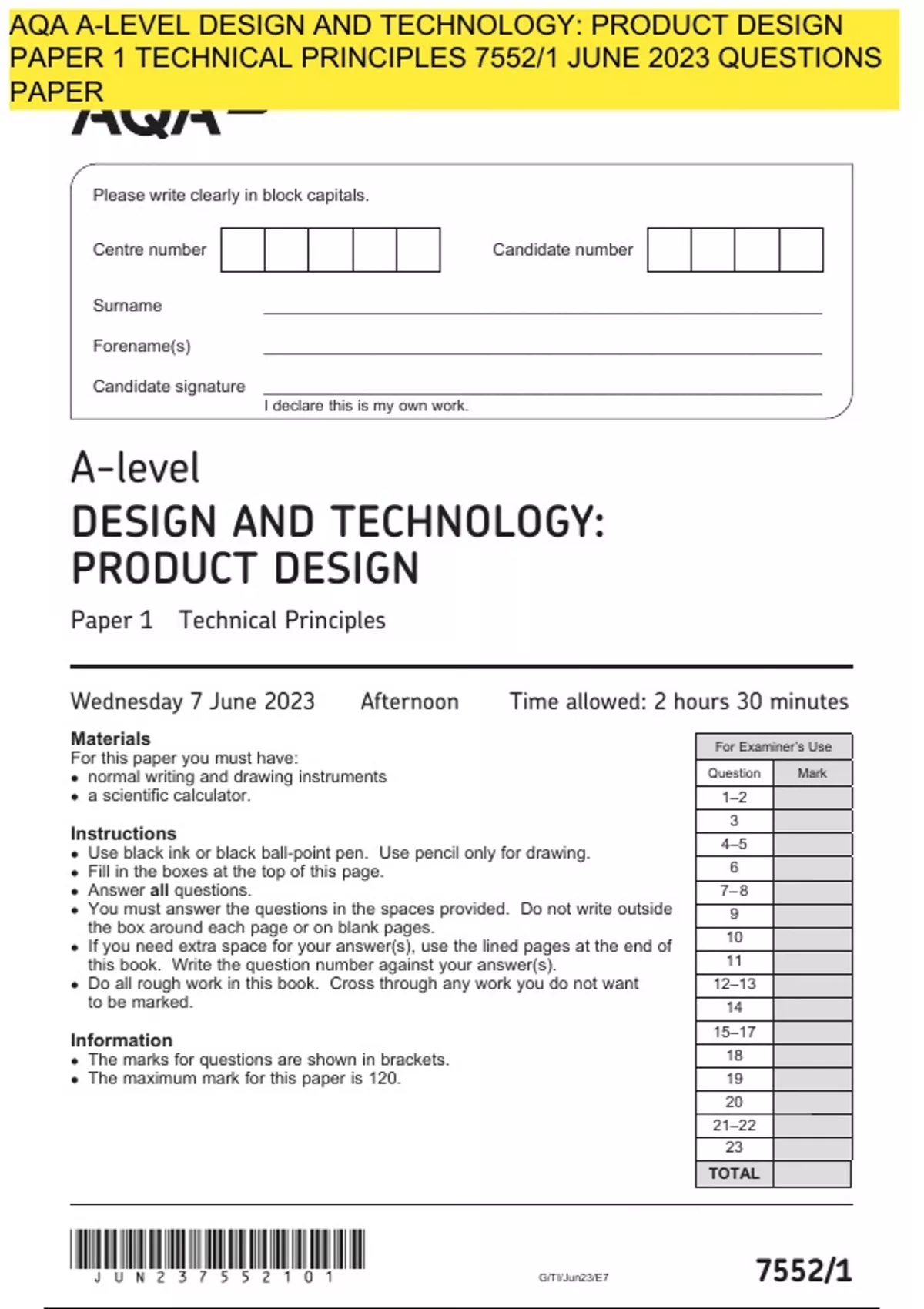 AQA A-LEVEL DESIGN AND TECHNOLOGY: PRODUCT DESIGN PAPER 1 TECHNICAL ...