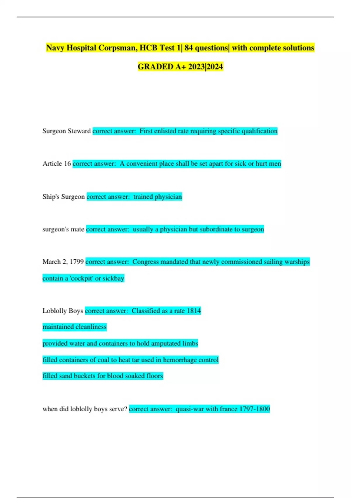 Navy Hospital Corpsman, HCB Test 1| 84 questions| with complete ...