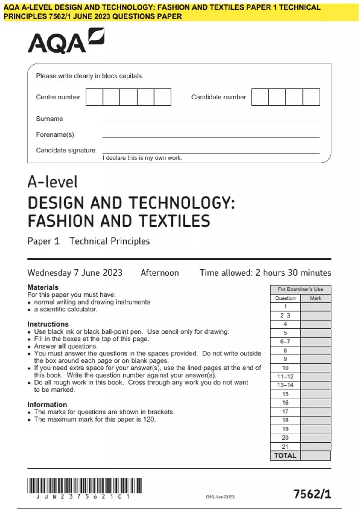 AQA A-LEVEL DESIGN AND TECHNOLOGY: FASHION AND TEXTILES PAPER 1 ...