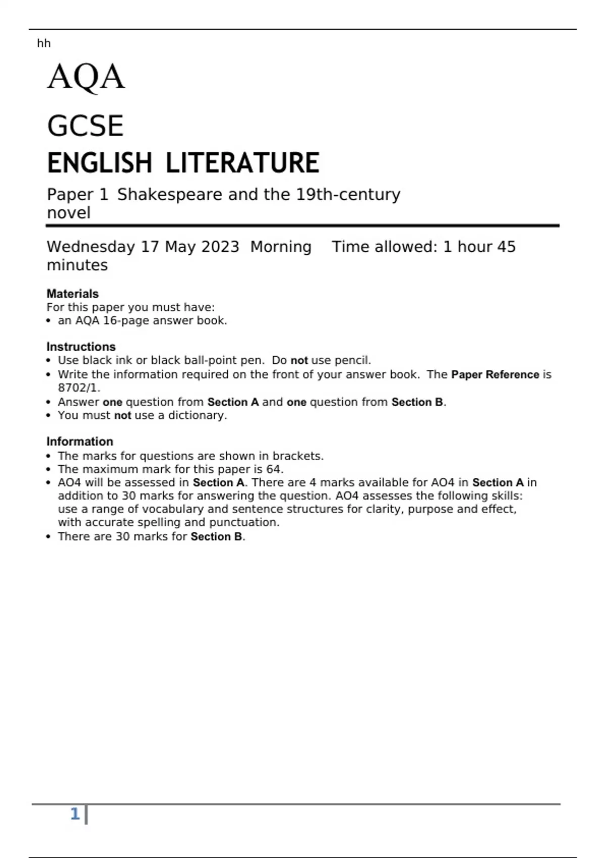 AQA GCSE ENGLISH LITERATURE Paper 1 Shakespeare And The 19th century AQA GCSE ENGLISH LITERATURE Paper 1 Shakespeare And The 19th century