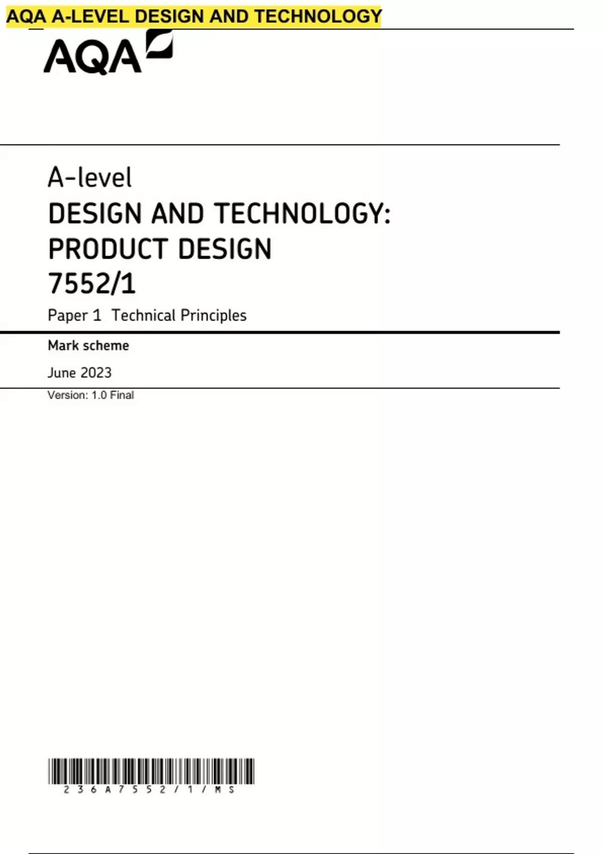 AQA A-level DESIGN AND TECHNOLOGY: PRODUCT DESIGN 7552/1 Paper 1 ...