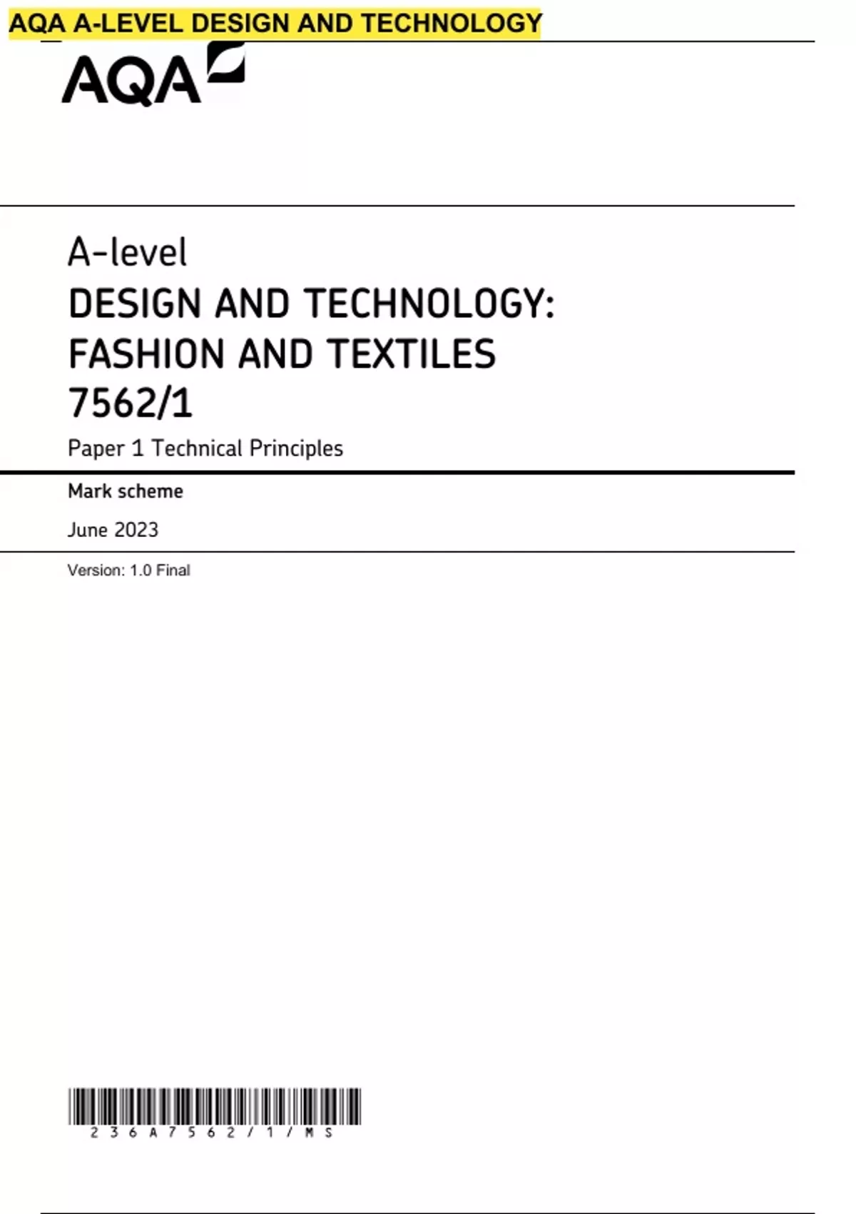 AQA A-level DESIGN AND TECHNOLOGY: FASHION AND TEXTILES 7562/1 Paper 1 ...