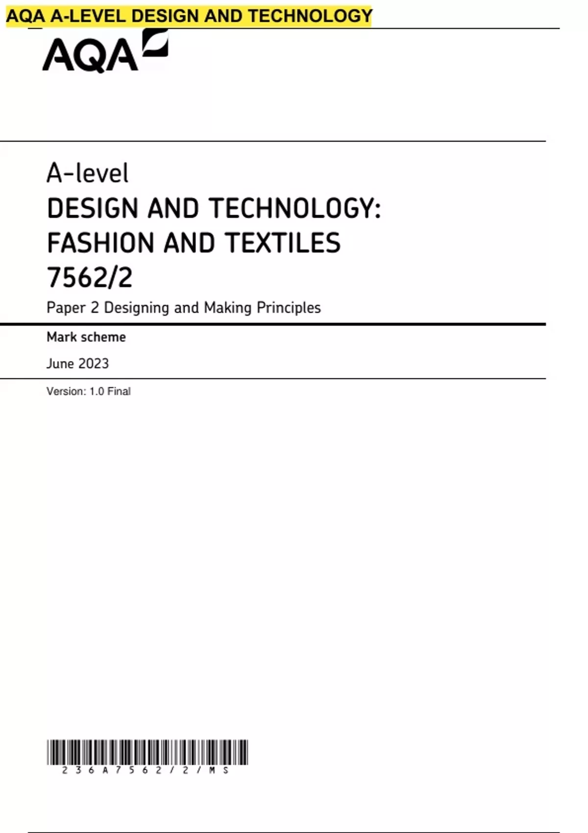AQA A-level DESIGN AND TECHNOLOGY: FASHION AND TEXTILES 7562/2 Paper 2 ...
