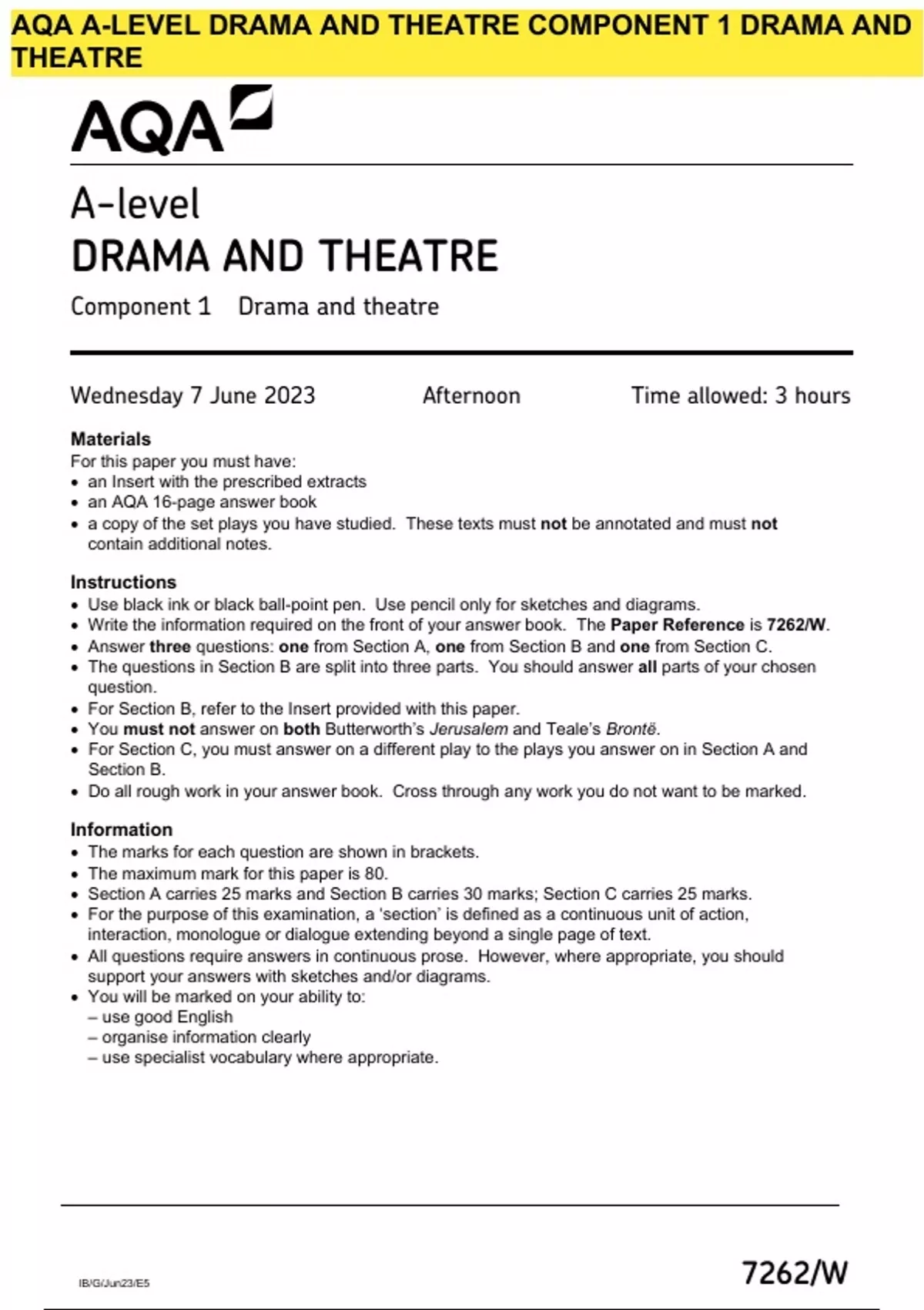 AQA A-level DRAMA AND THEATRE Component 1 Drama and theatre 7262/W June ...