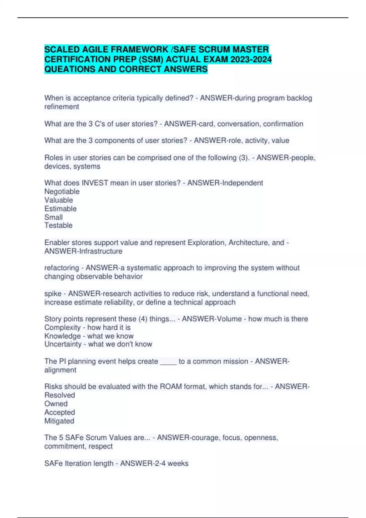 Scaled Agile Framework Safe Scrum Master Certification Prep Ssm Actual Exam Queations And