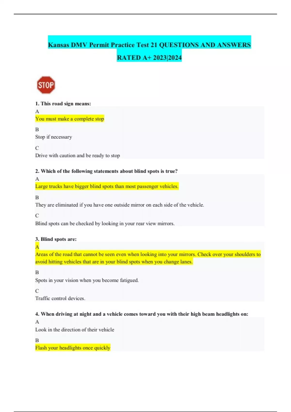 Kansas DMV Permit Practice Test 21 QUESTIONS AND ANSWERS RATED A+ 2023 ...