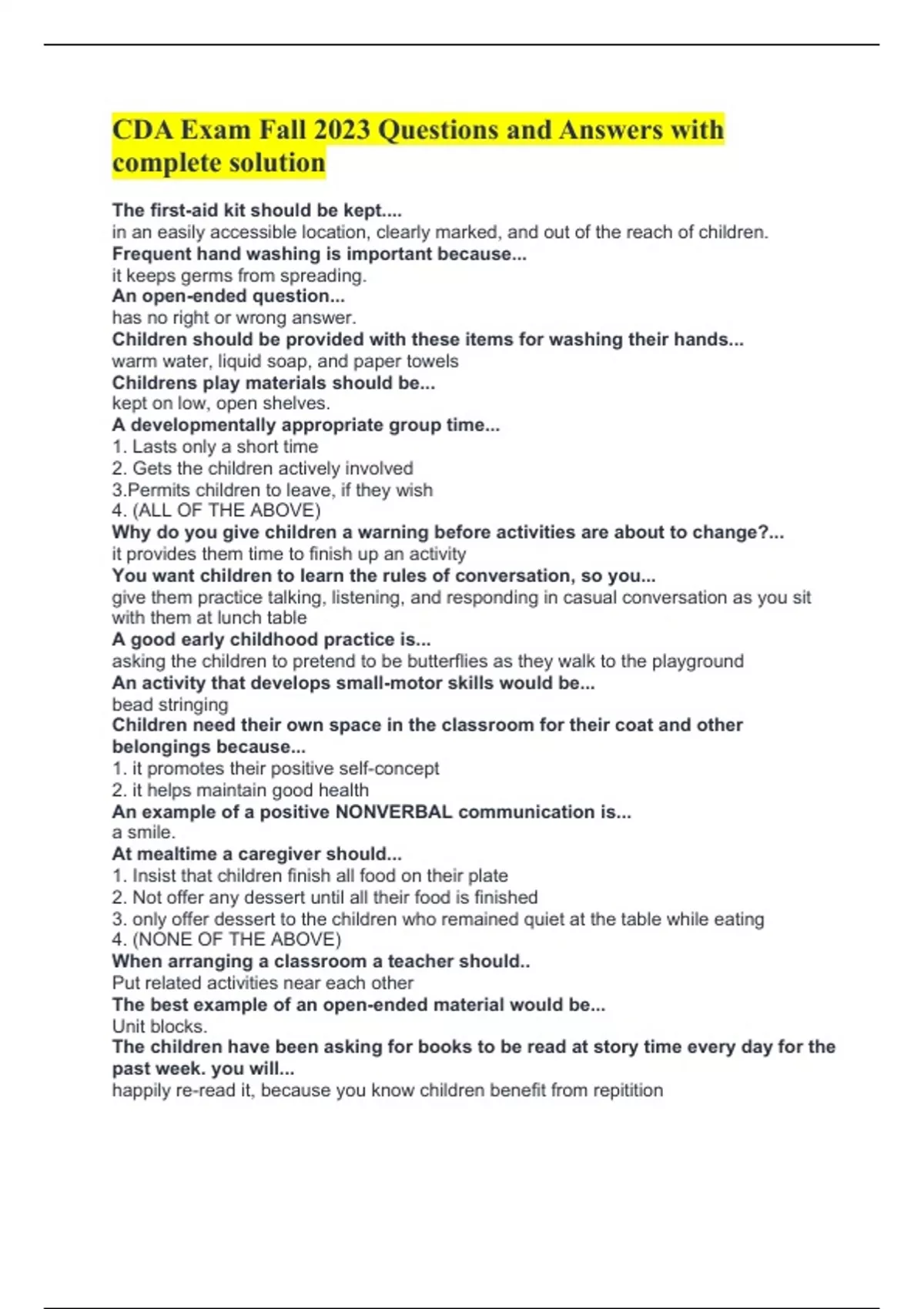 CDA Exam Fall 2023 Questions and Answers with complete solution - CDA ...