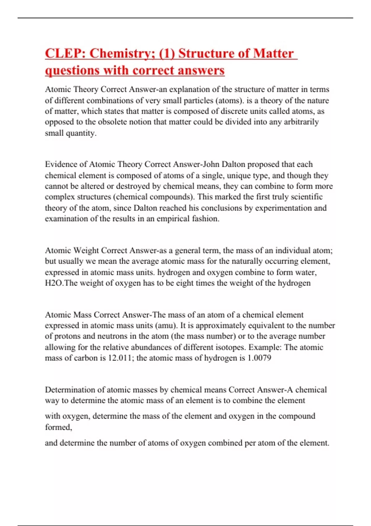 CLEP: Chemistry; (1) Structure of Matter questions with correct answers ...