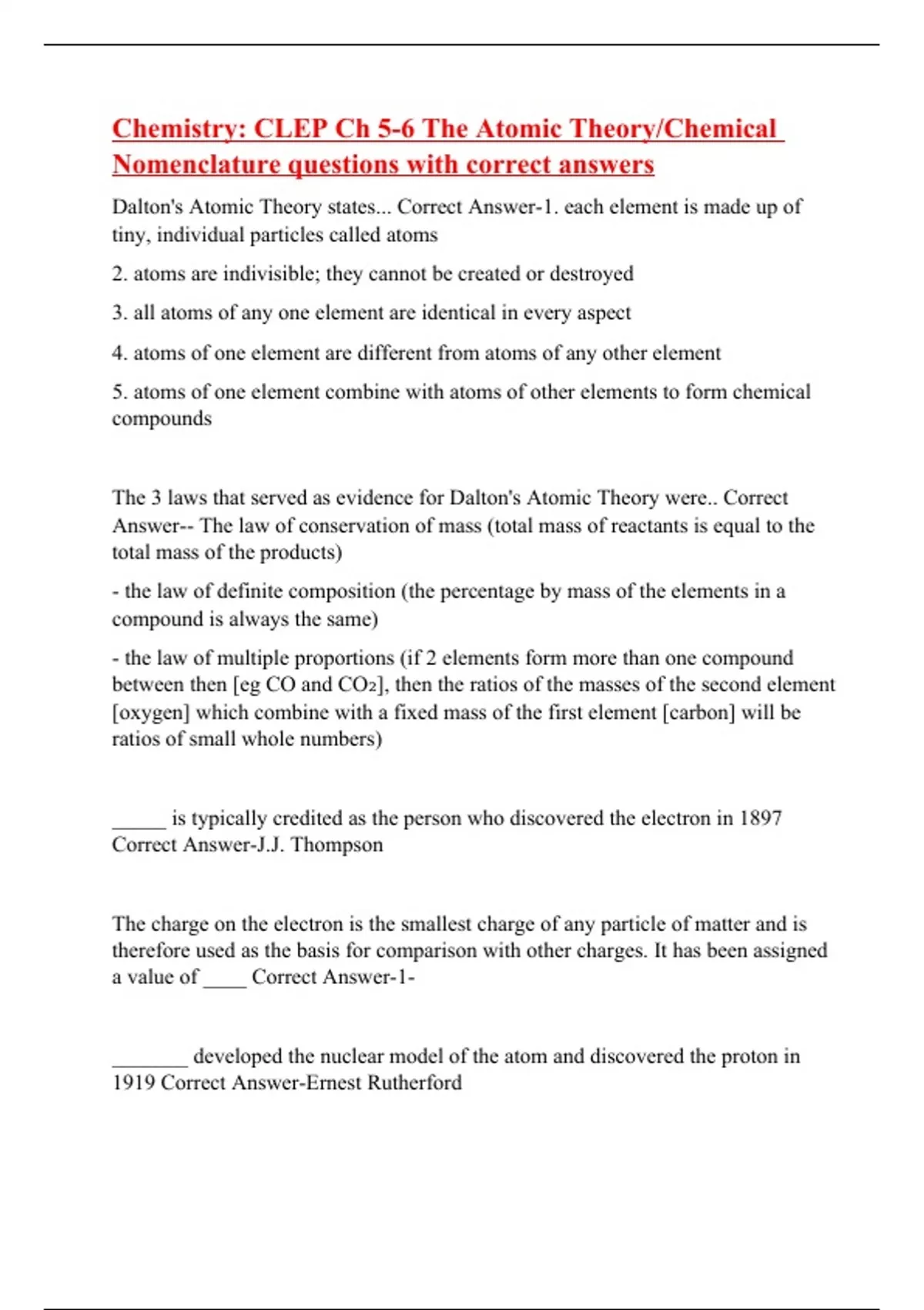 Chemistry: CLEP Ch 5-6 The Atomic Theory/Chemical Nomenclature ...