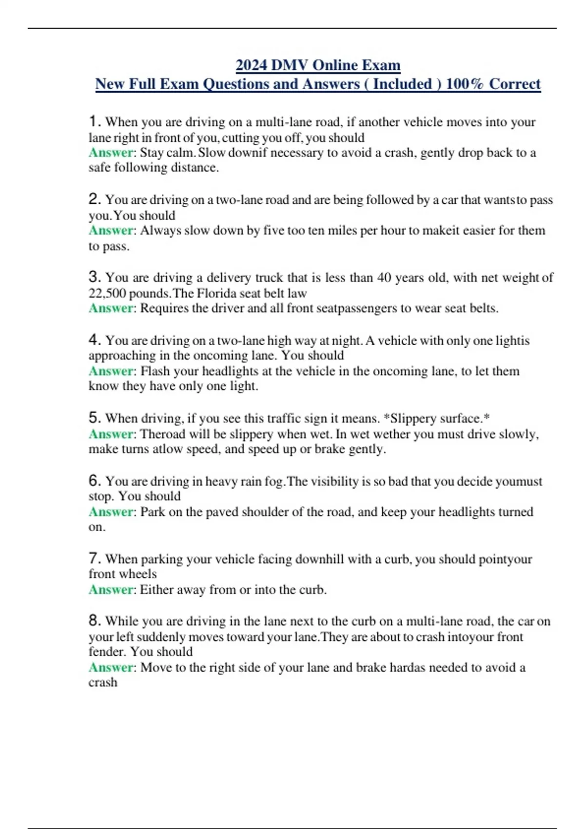 2024 DMV Online Exam New Full Exam Questions and Answers ( Included ...