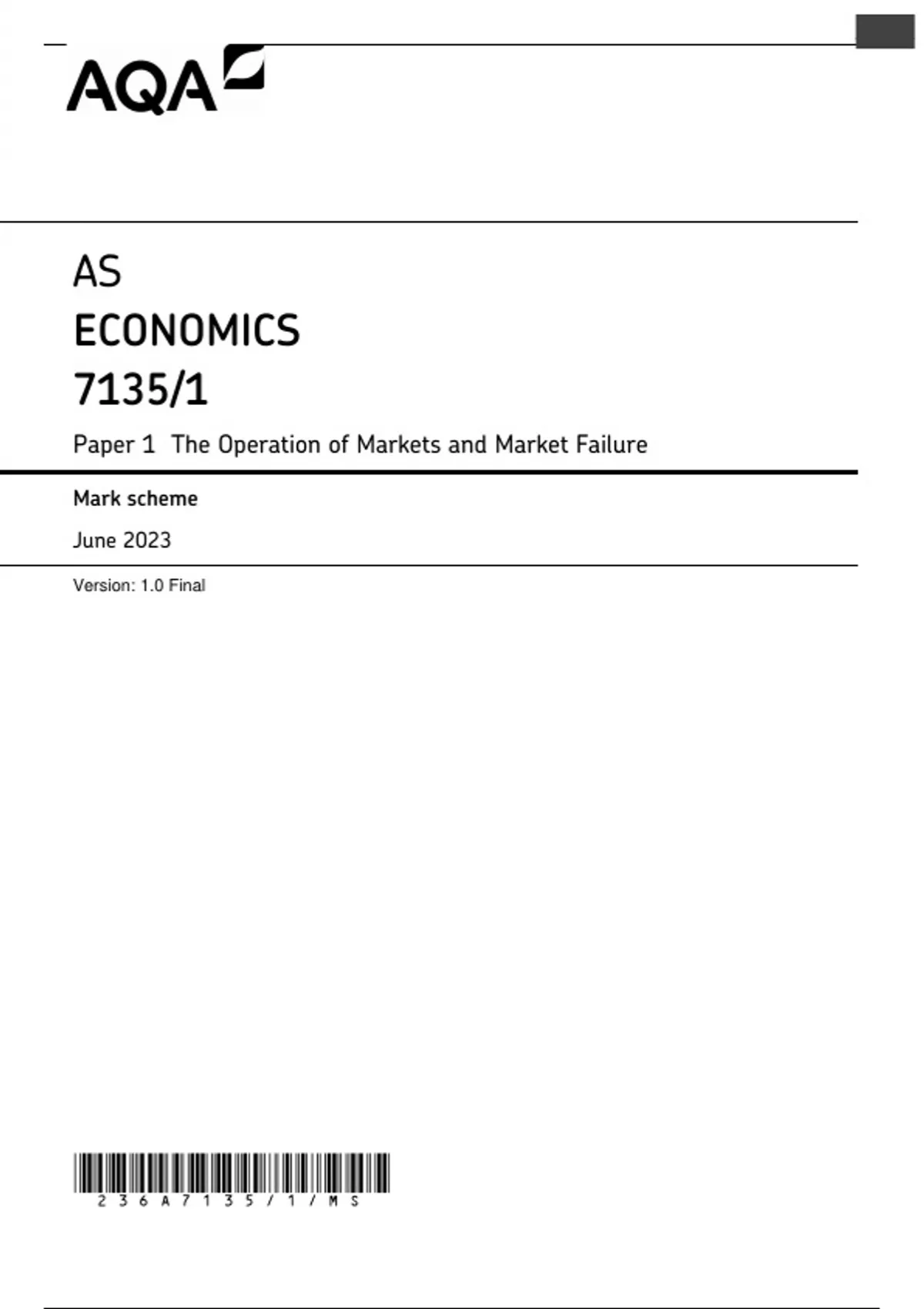 AQA AS ECONOMICS 7135/1 Paper 1 The Operation of Markets and Market ...