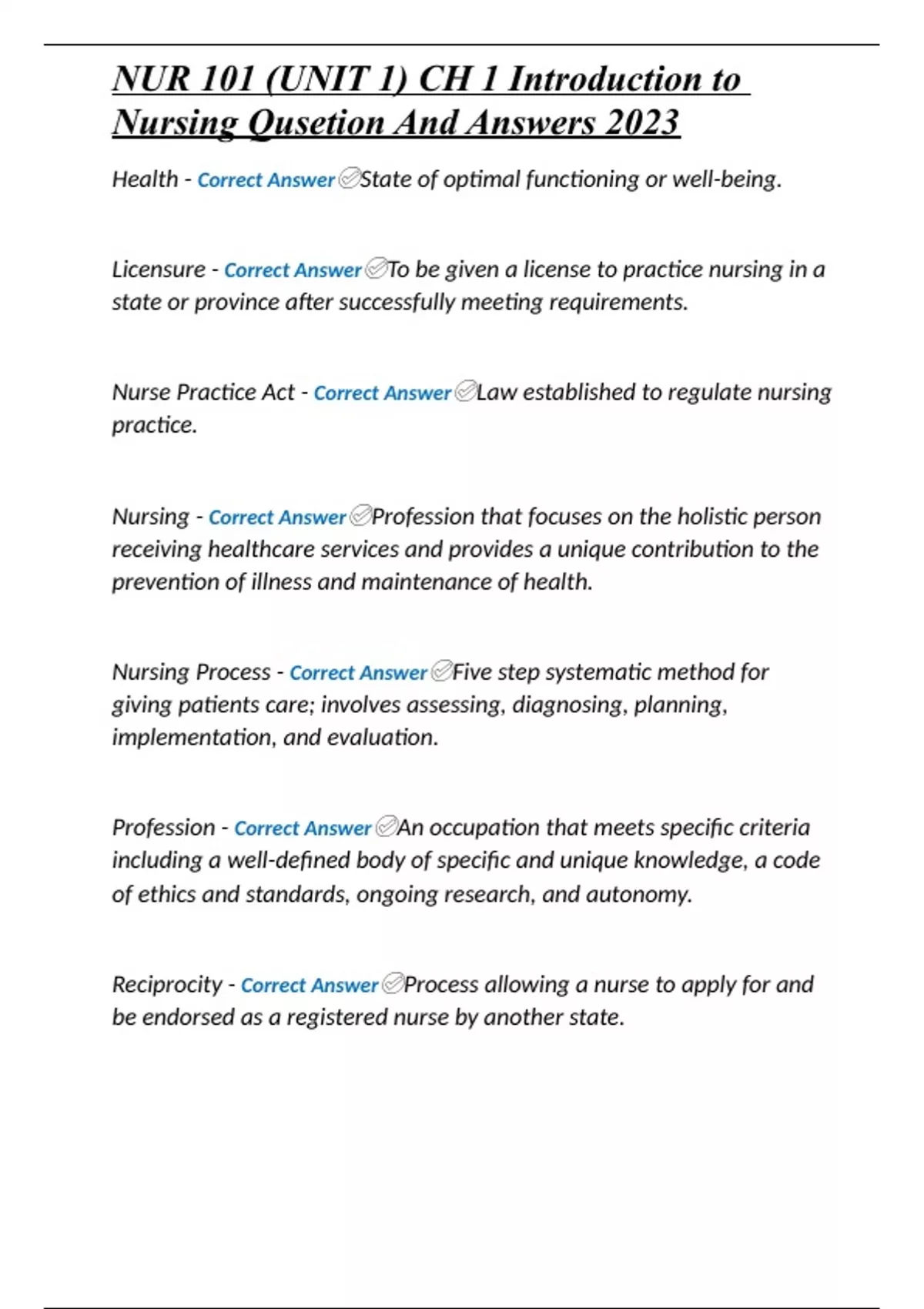 NUR 101 (UNIT 1) CH 1 Introduction to Nursing Qusetion And Answers 2023 ...