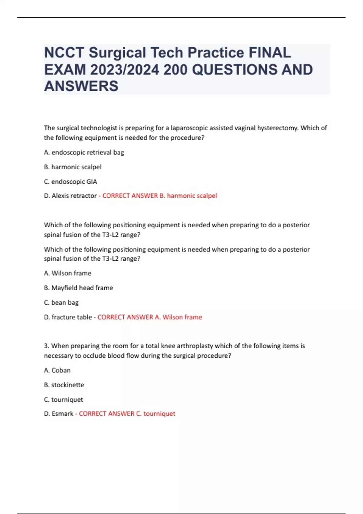 NCCT Surgical Tech Practice FINAL EXAM 2023/2024 200 QUESTIONS AND ...