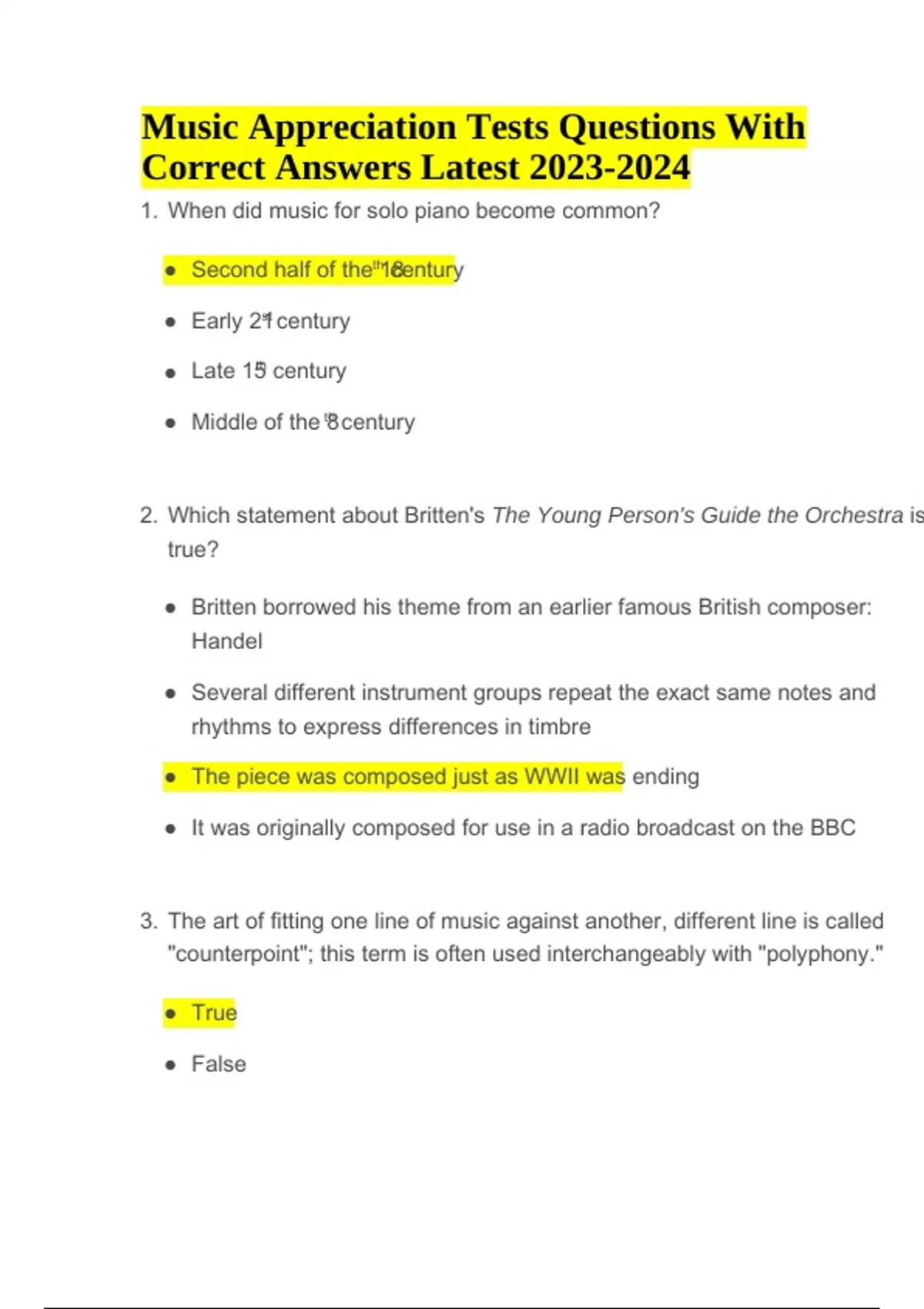 Music Appreciation Exam Practice Questions With Correct Answers Updated ...