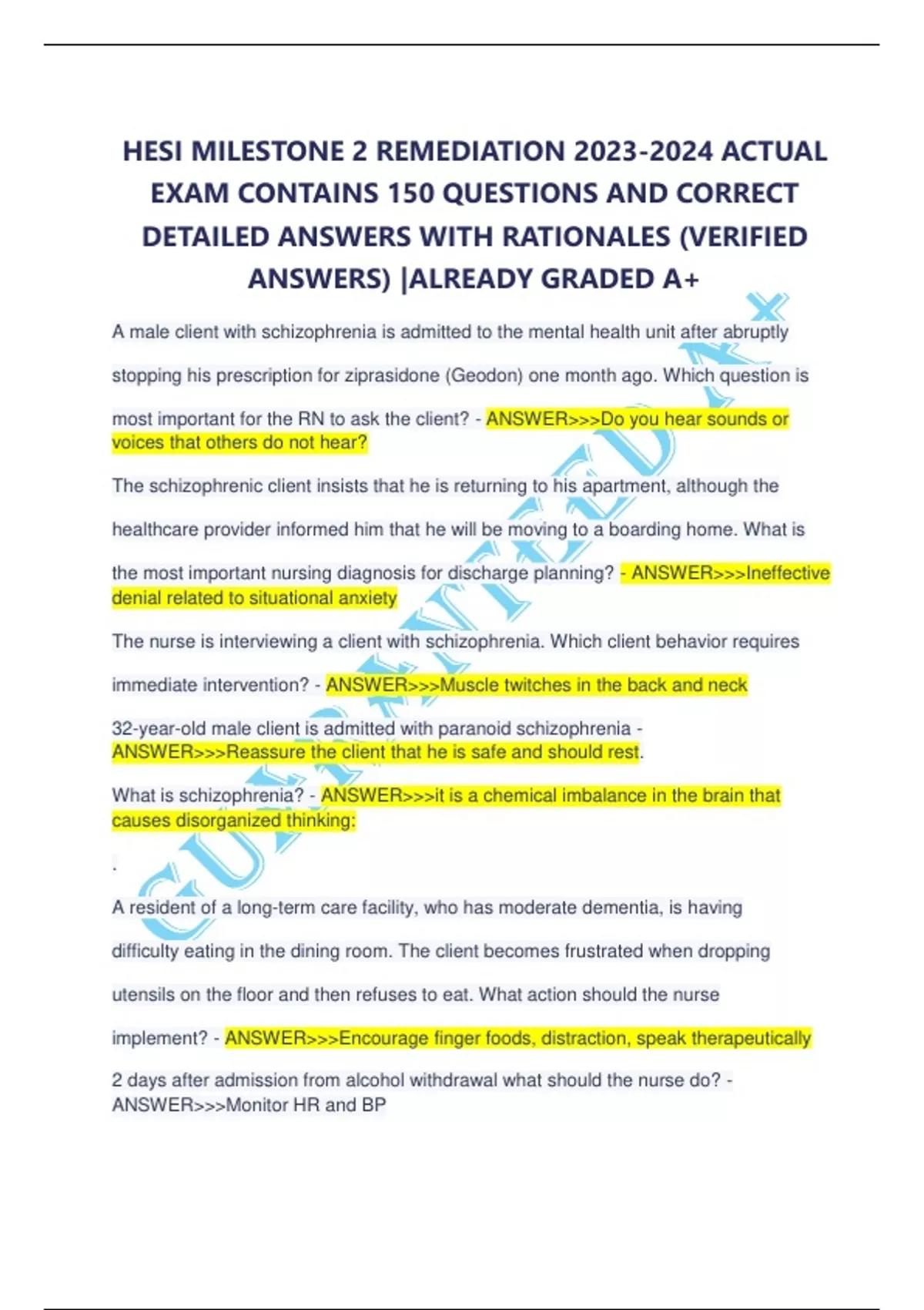 HESI MILESTONE 2 REMEDIATION ACTUAL EXAM CONTAINS 150 QUESTIONS AND ...