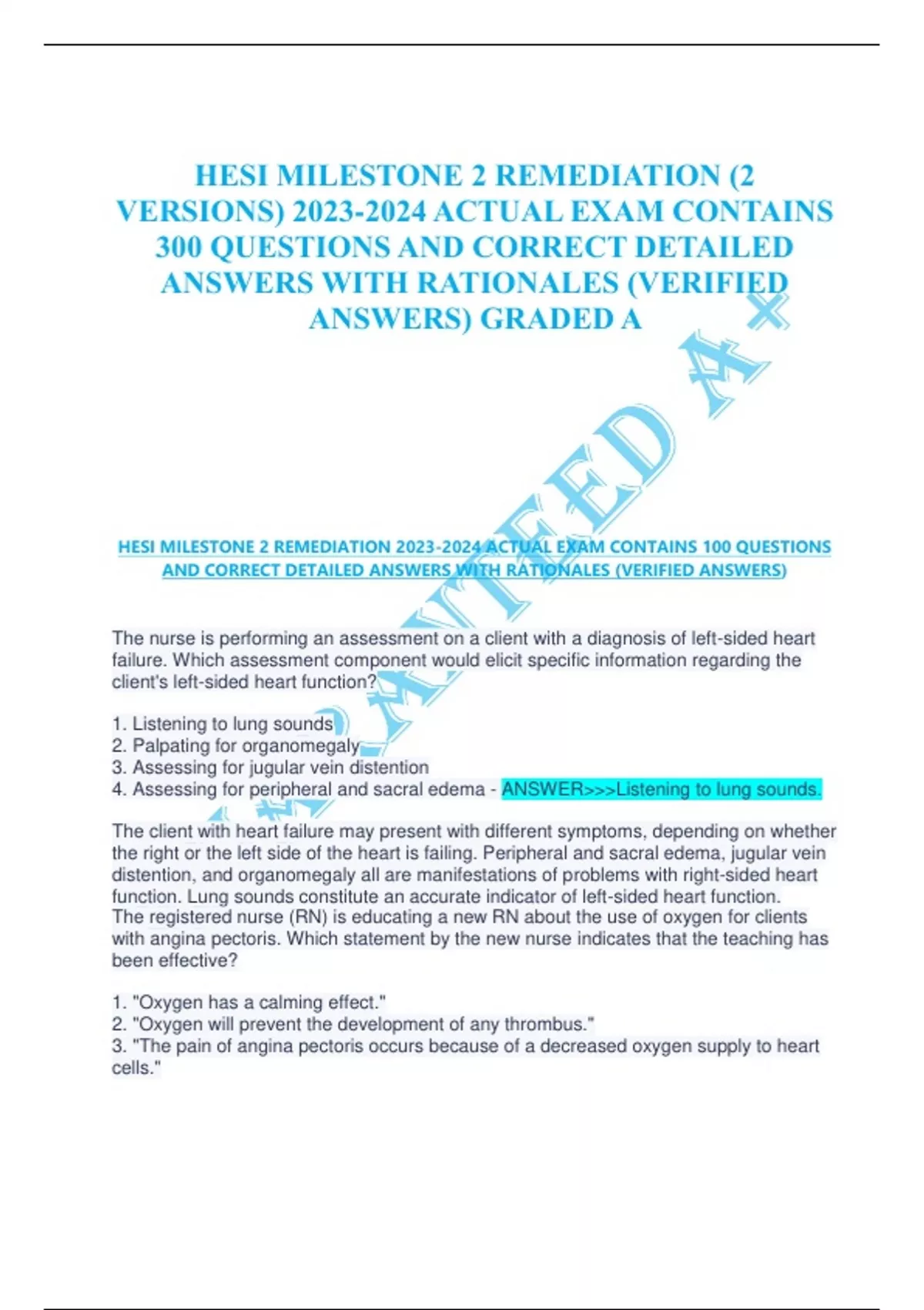 HESI MILESTONE 2 REMEDIATION (2 VERSIONS) ACTUAL EXAM CONTAINS 300 Q&A ...