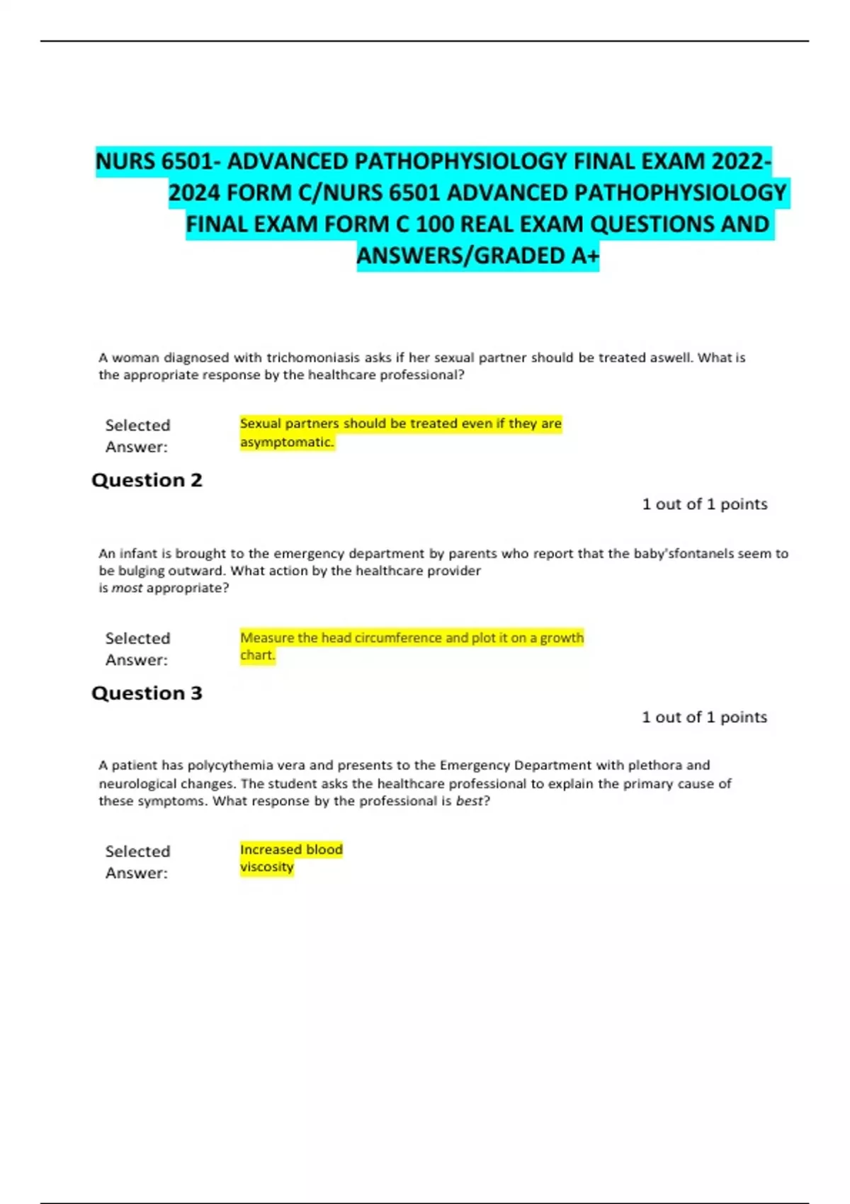 NURS 6501-ADVANCED PATHOPHYSIOLOGY FINAL EXAM FORM C/NURS 6501 ADVANCED PATHOPHYSIOLOGY FINAL ...