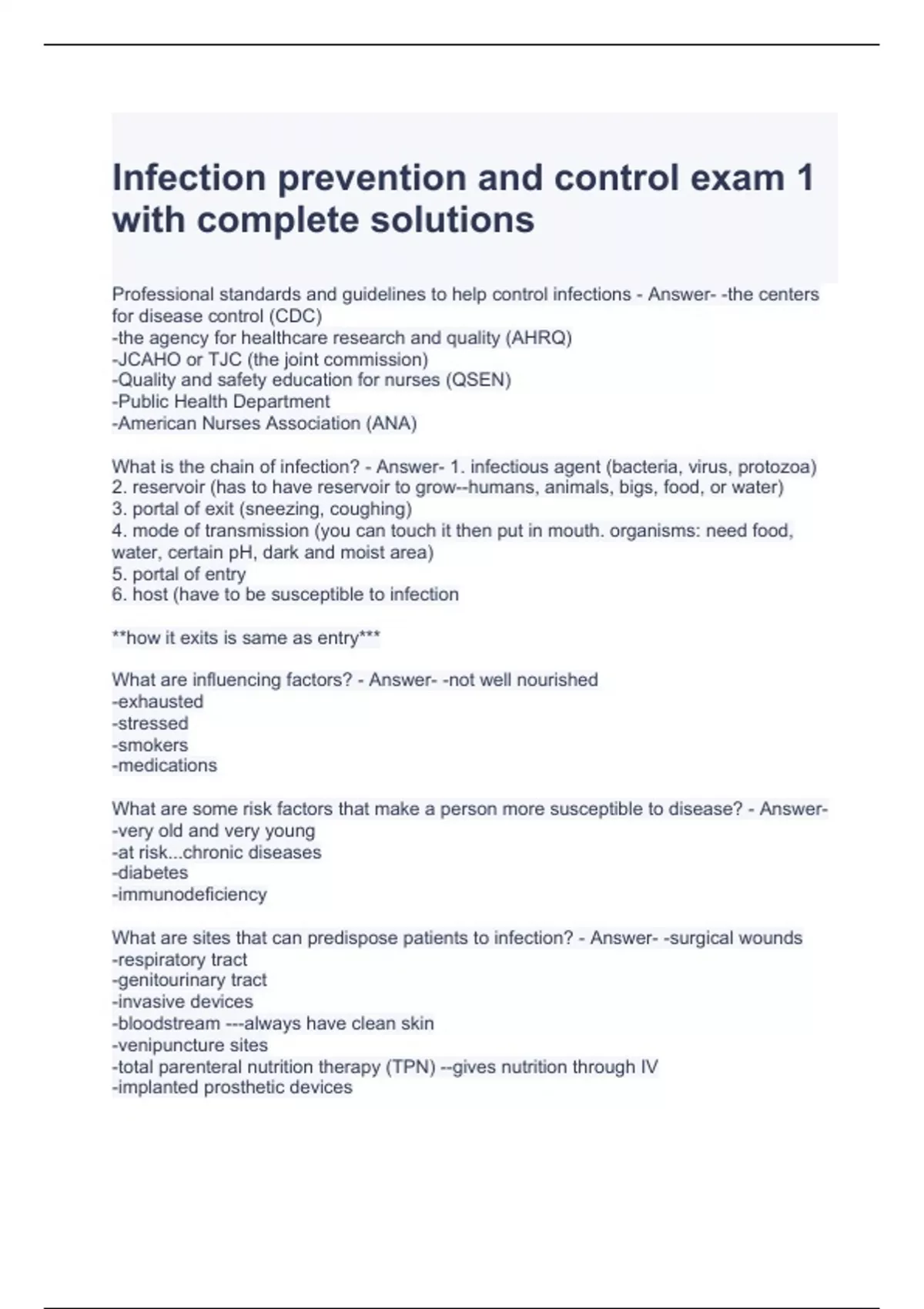 Infection prevention and control exam 1 with complete solutions ...
