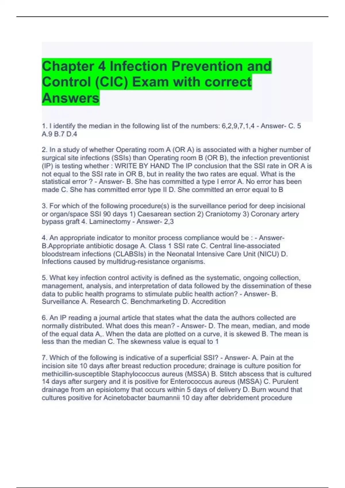 Chapter 4 Infection Prevention and Control (CIC) Exam with correct Answers - Infection ...