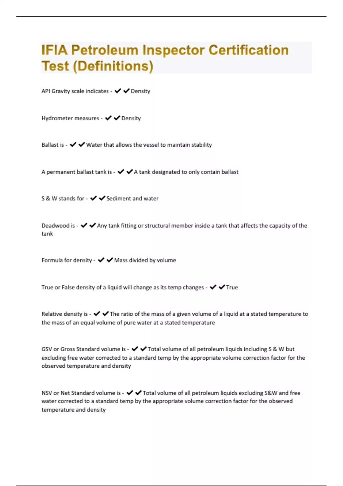 IFIA Petroleum Inspector Certification Test (Definitions) Questions and ...