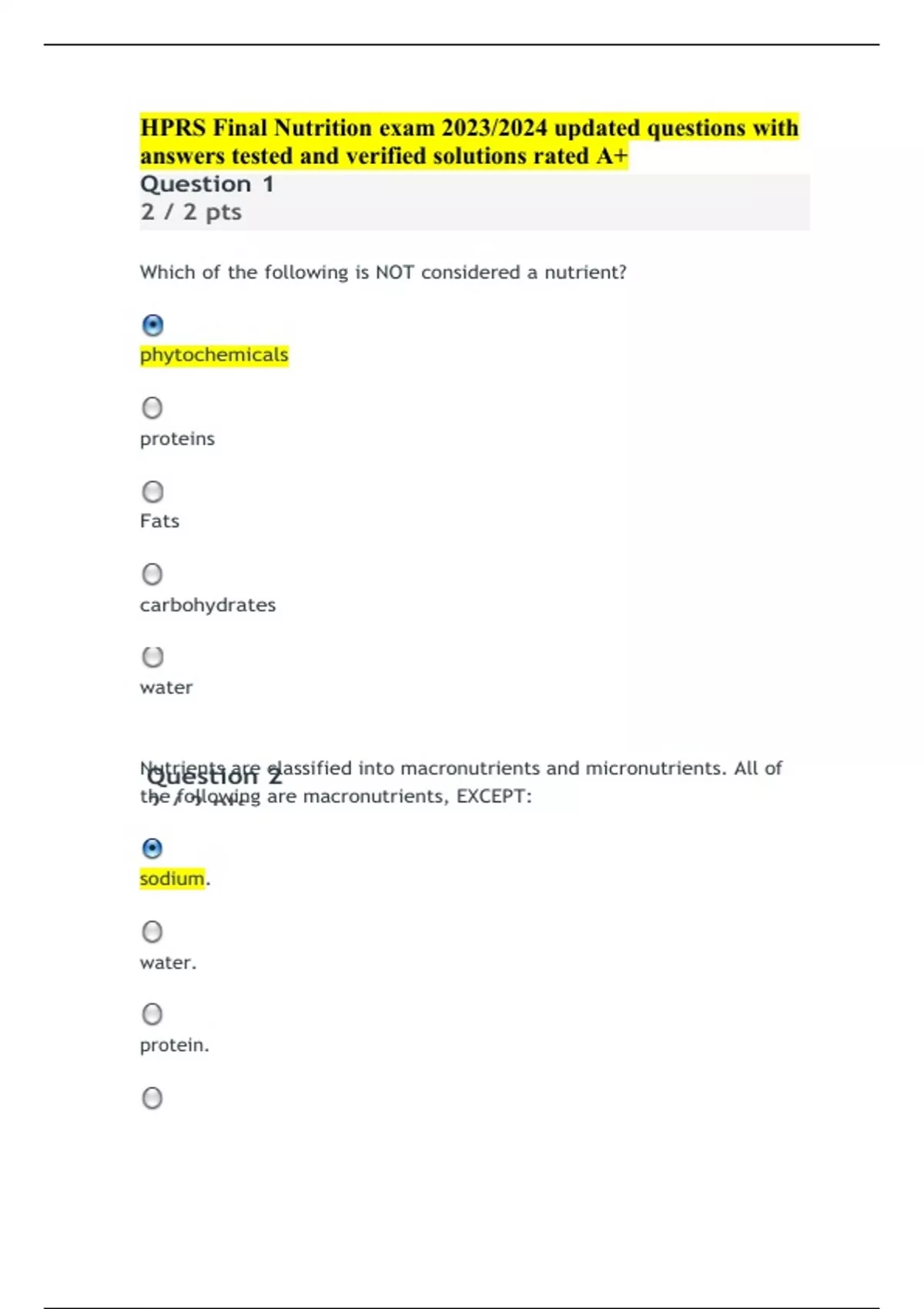 HPRS Final Nutrition exam 2023/2024 updated questions with answers ...