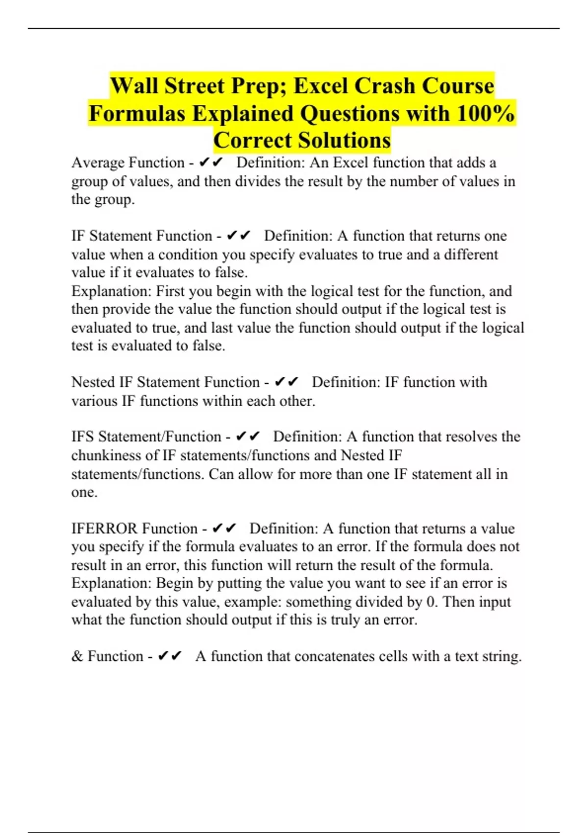 Wall Street Prep; Excel Crash Course Formulas Explained Questions with ...