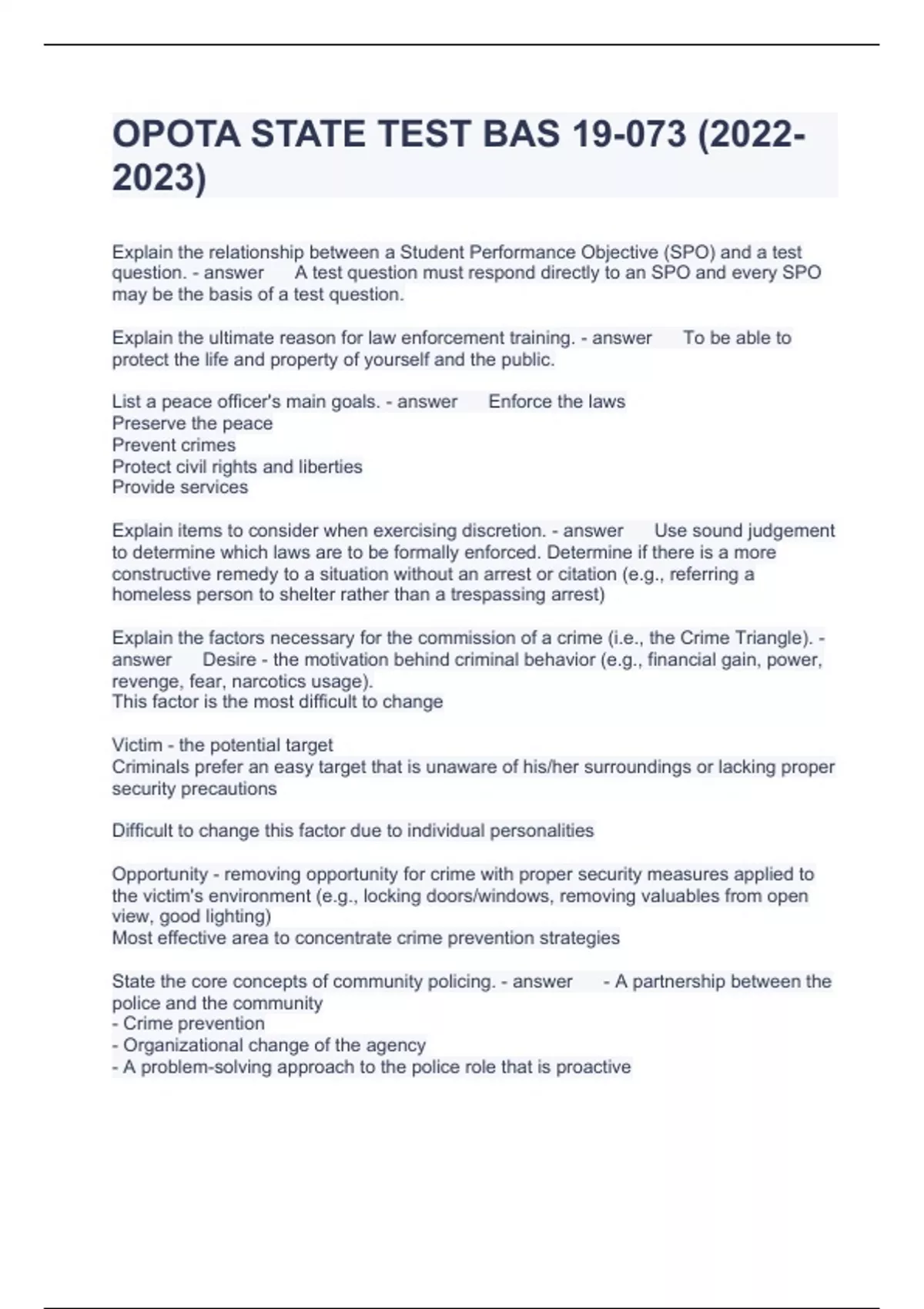 OPOTA STATE TEST BAS 19 Questions and Answers - OPOTA State - Stuvia US