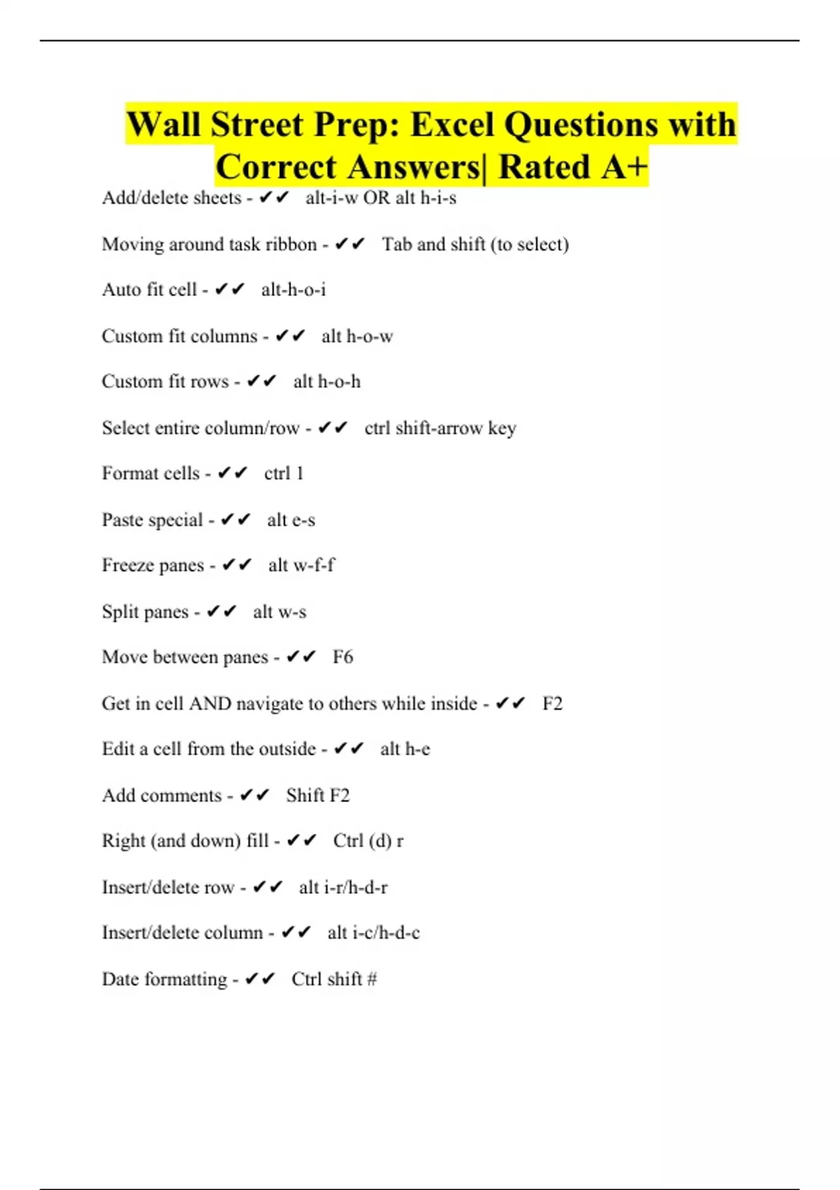 Wall Street Prep: Excel Questions with Correct Answers| Rated A+ - Wall ...