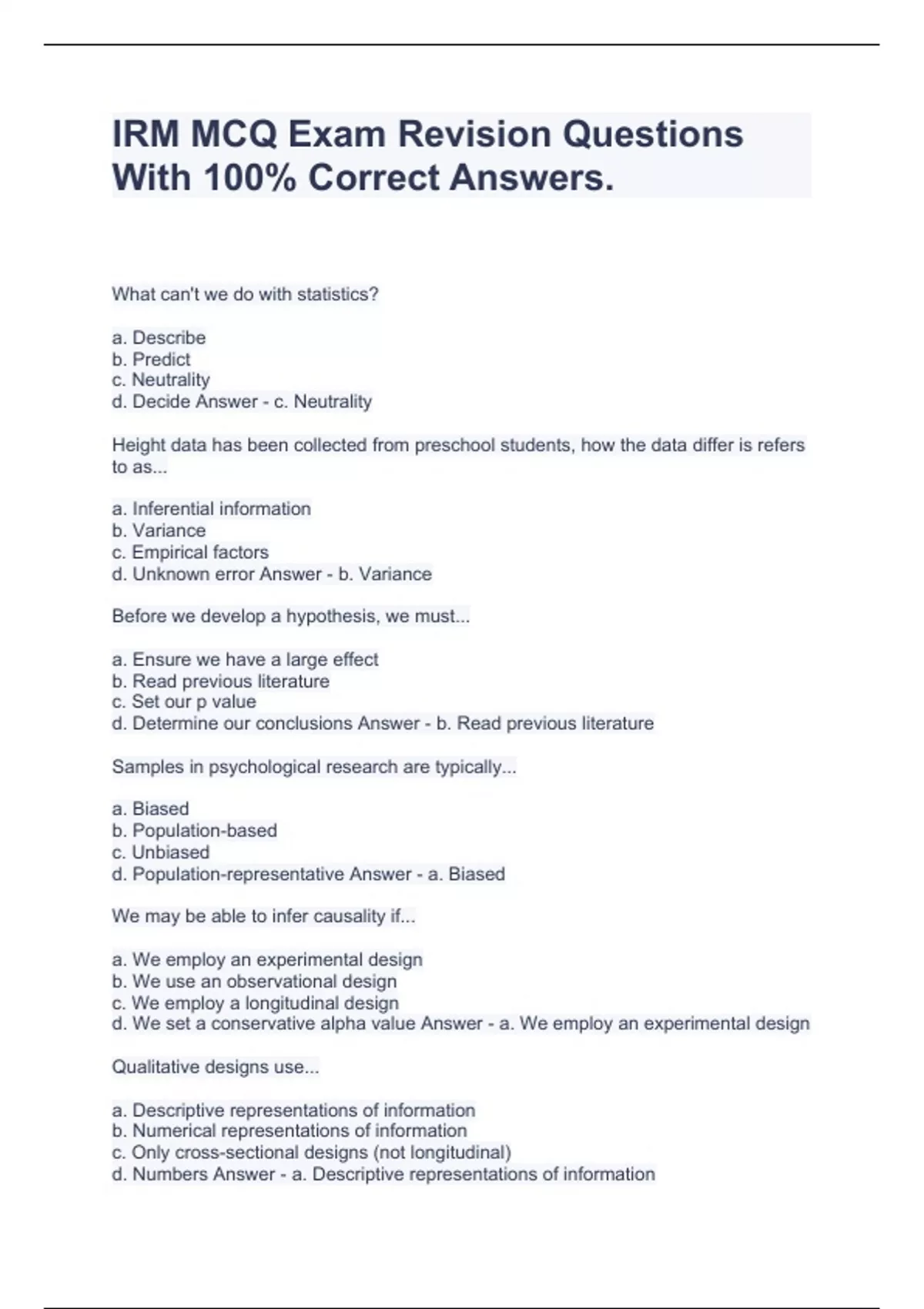 IRM MCQ Exam Revision Questions With 100% Correct Answers. - IRM MCQ ...