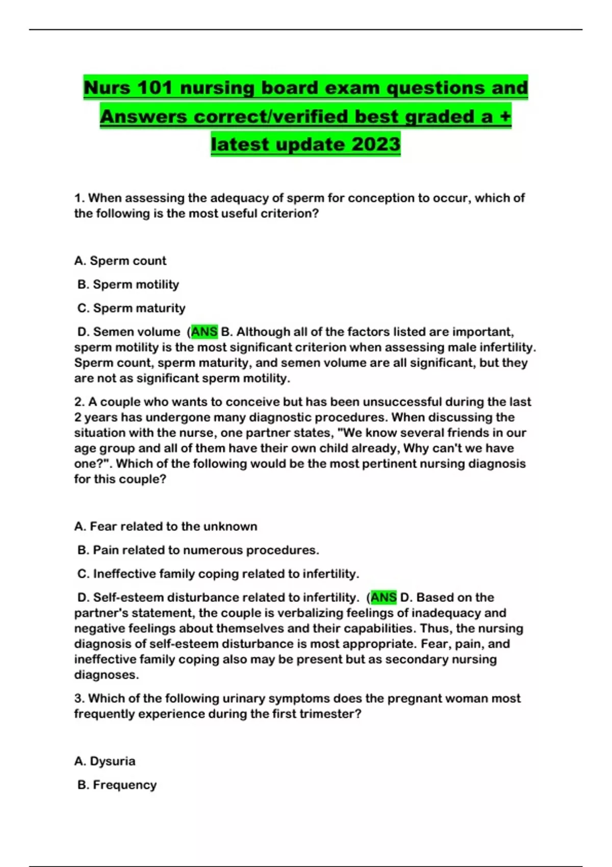 Nurs 101 nursing board exam questions and Answers correct/verified best ...