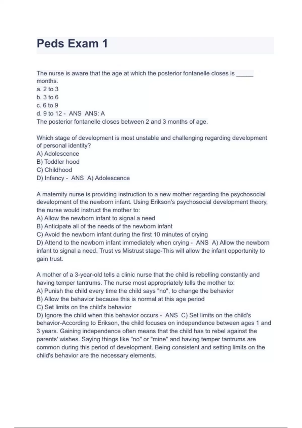 Peds Exam 1 Questions And Answers - NUR 2310C PEDS - Stuvia US