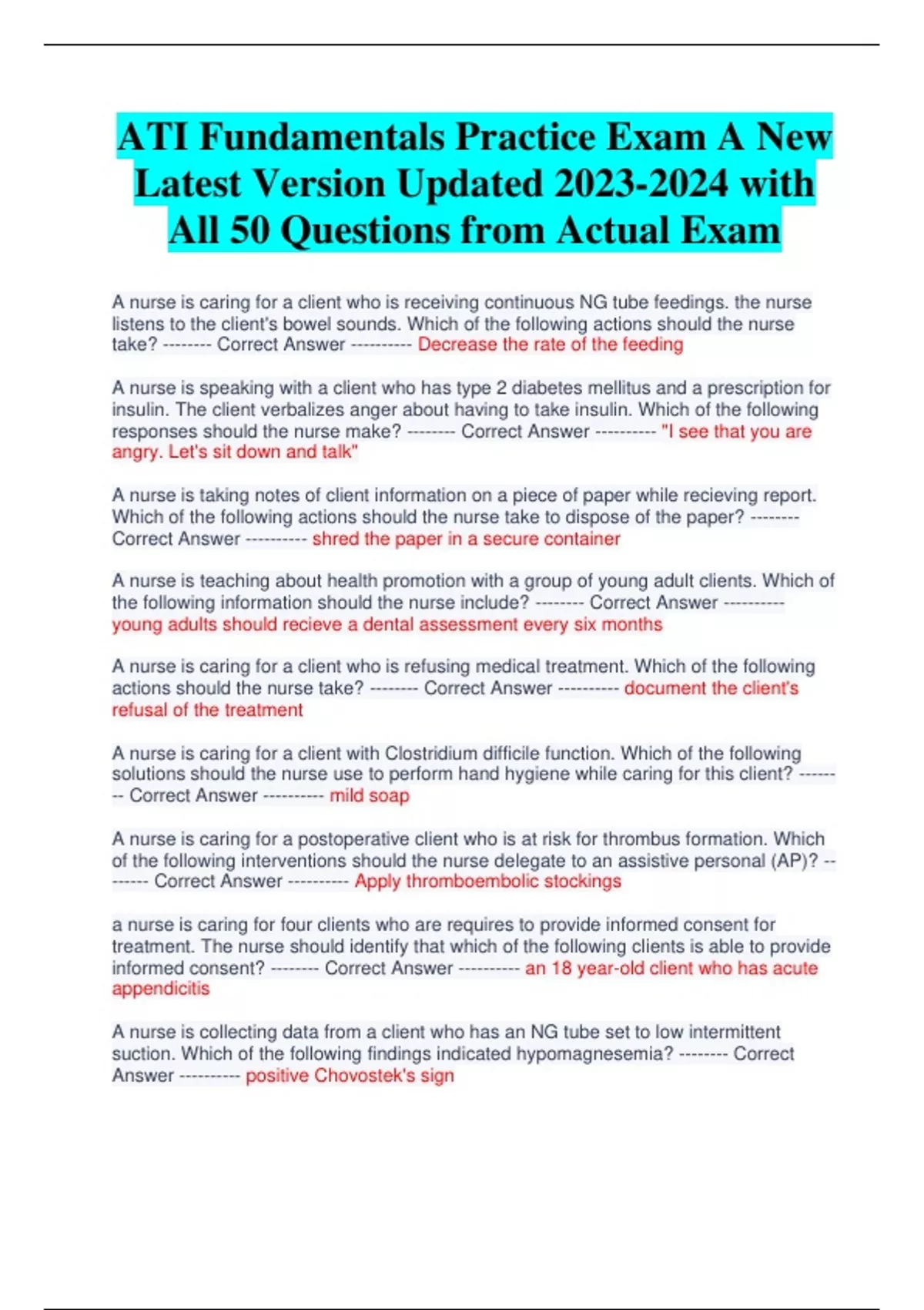 ATI Fundamentals Practice Exam A New Latest Version Updated with All 50 ...