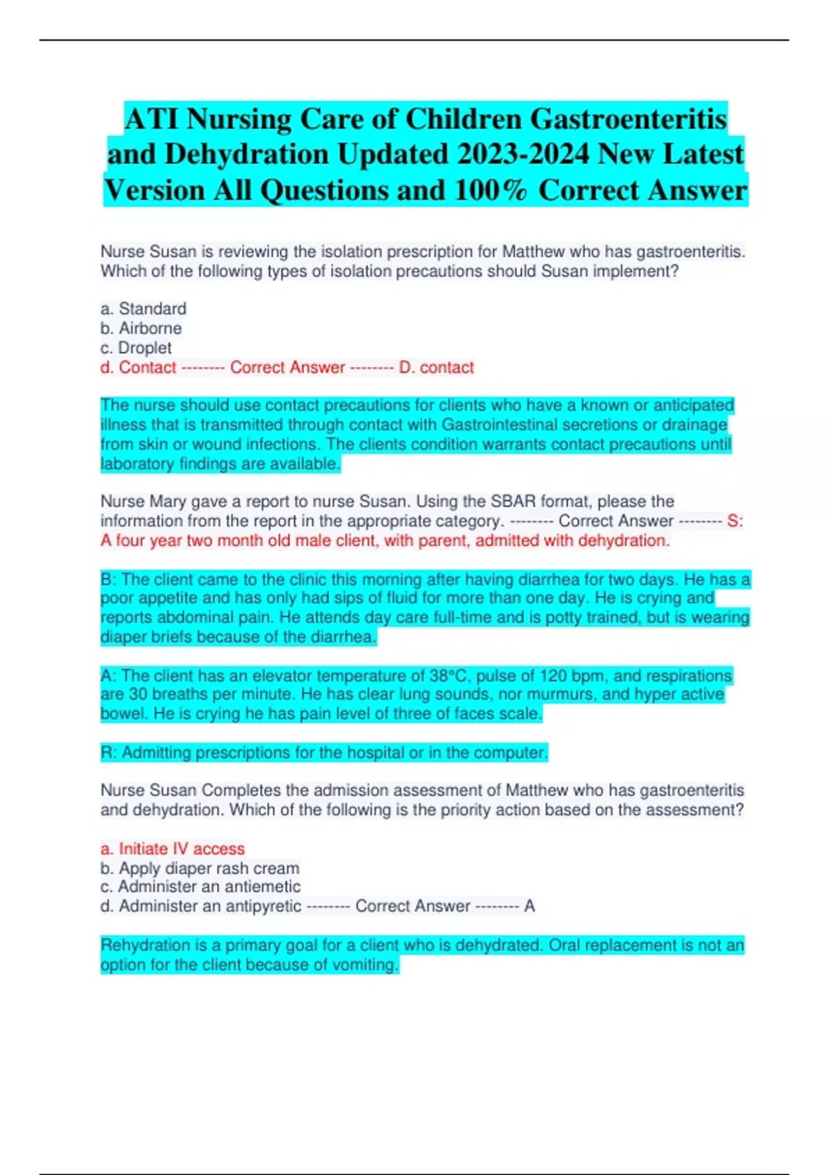 ATI Nursing Care of Children Gastroenteritis and Dehydration Updated ...