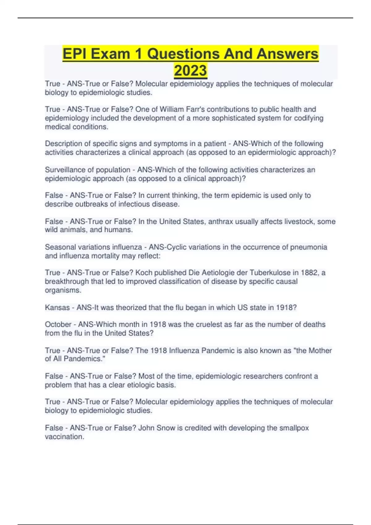 EPI Exam 1 Questions And Answers 2023 - EPI - Stuvia US