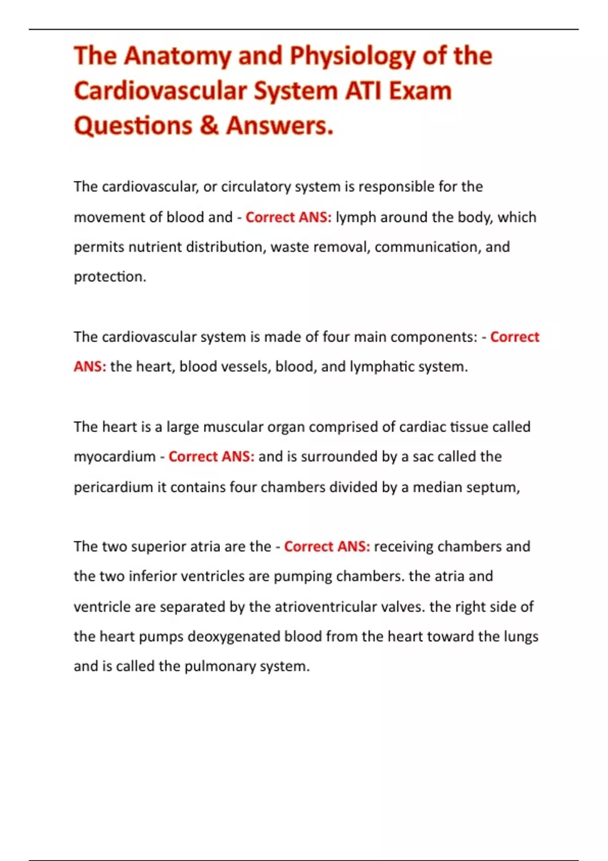 The Anatomy and Physiology of the Cardiovascular System ATI Exam ...