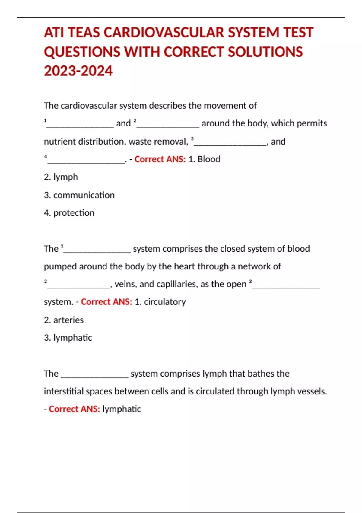 ATI TEAS CARDIOVASCULAR SYSTEM TEST QUESTIONS WITH CORRECT SOLUTIONS ...
